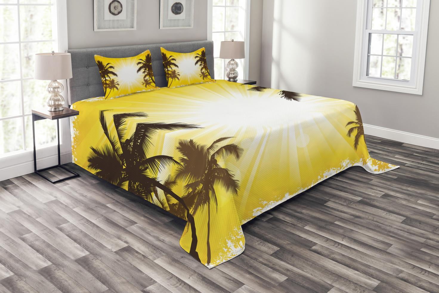 Ambesonne Tropical Quilted Bedspread Set 3 Pcs, Place with Palm Trees ...