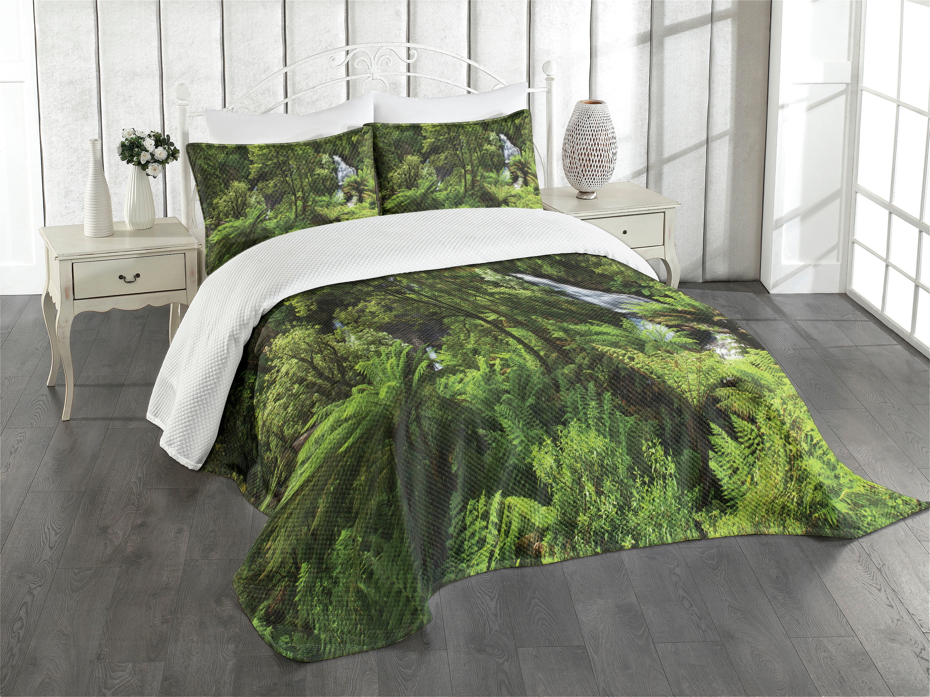 Ambesonne Tropical Quilted Bedspread Set 3 Pcs, Rainforest Fall River ...