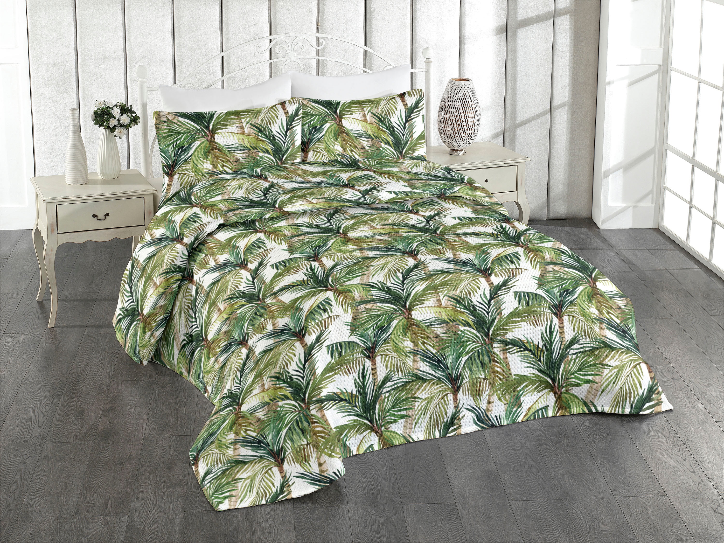 Ambesonne Tropical Quilted Bedspread Set 3 Pcs, Repeating Palm Trees ...