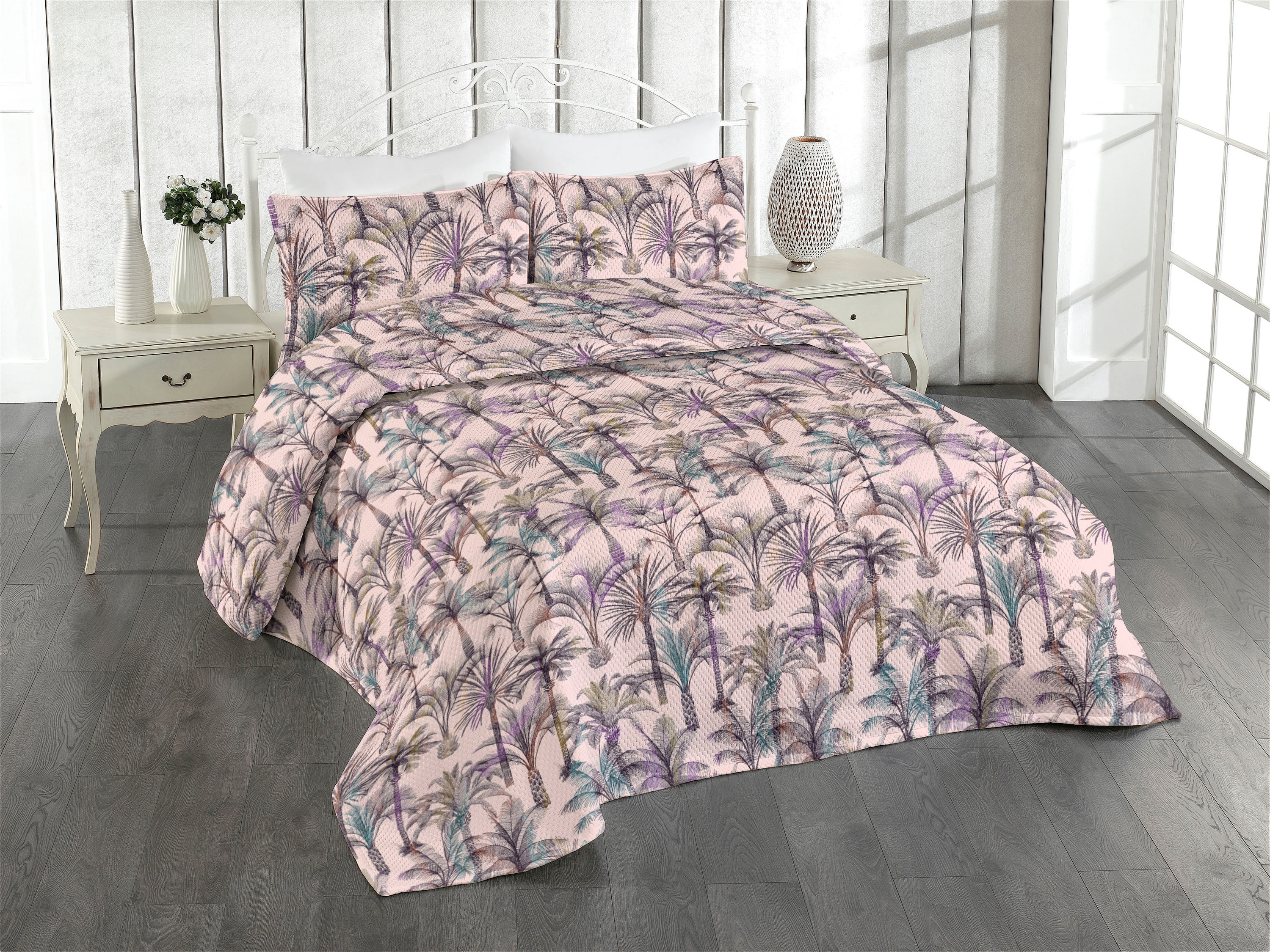 Ambesonne Tropical Quilted Bedspread Set 3 Pcs, Simple Palm Trees ...