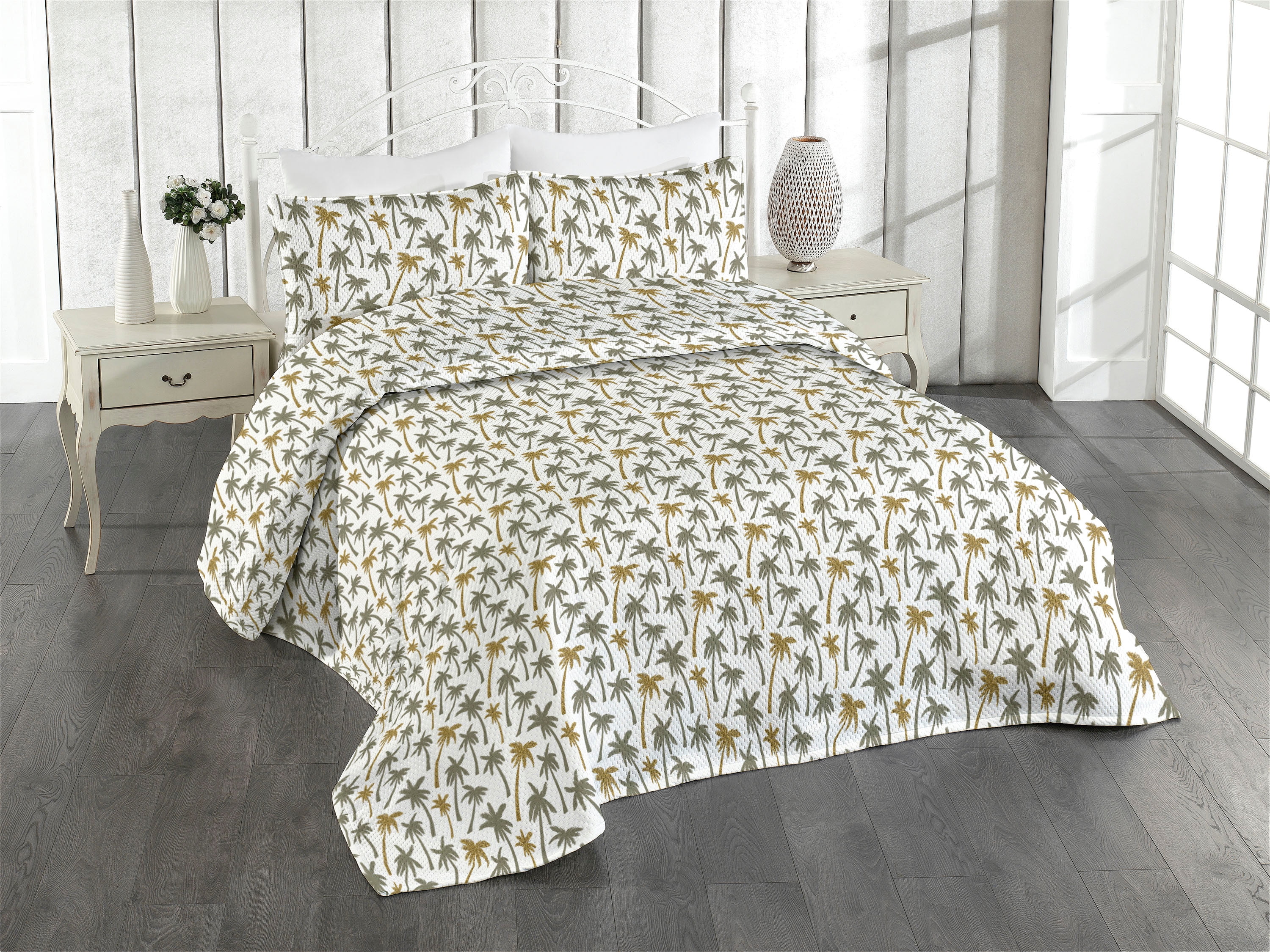 Ambesonne Tropical Quilted Bedspread Set 3 Pcs, Summer Themed Pattern Palm, Twin, Dark Mustard ...