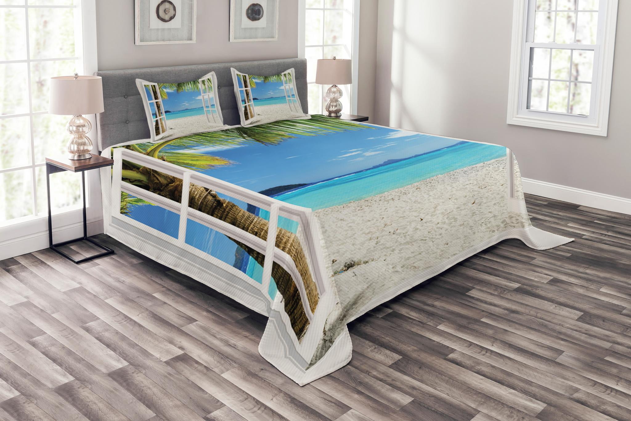 Ambesonne Tropical Quilted Bedspread Set 3 Pcs, Tropical Beach Palm ...