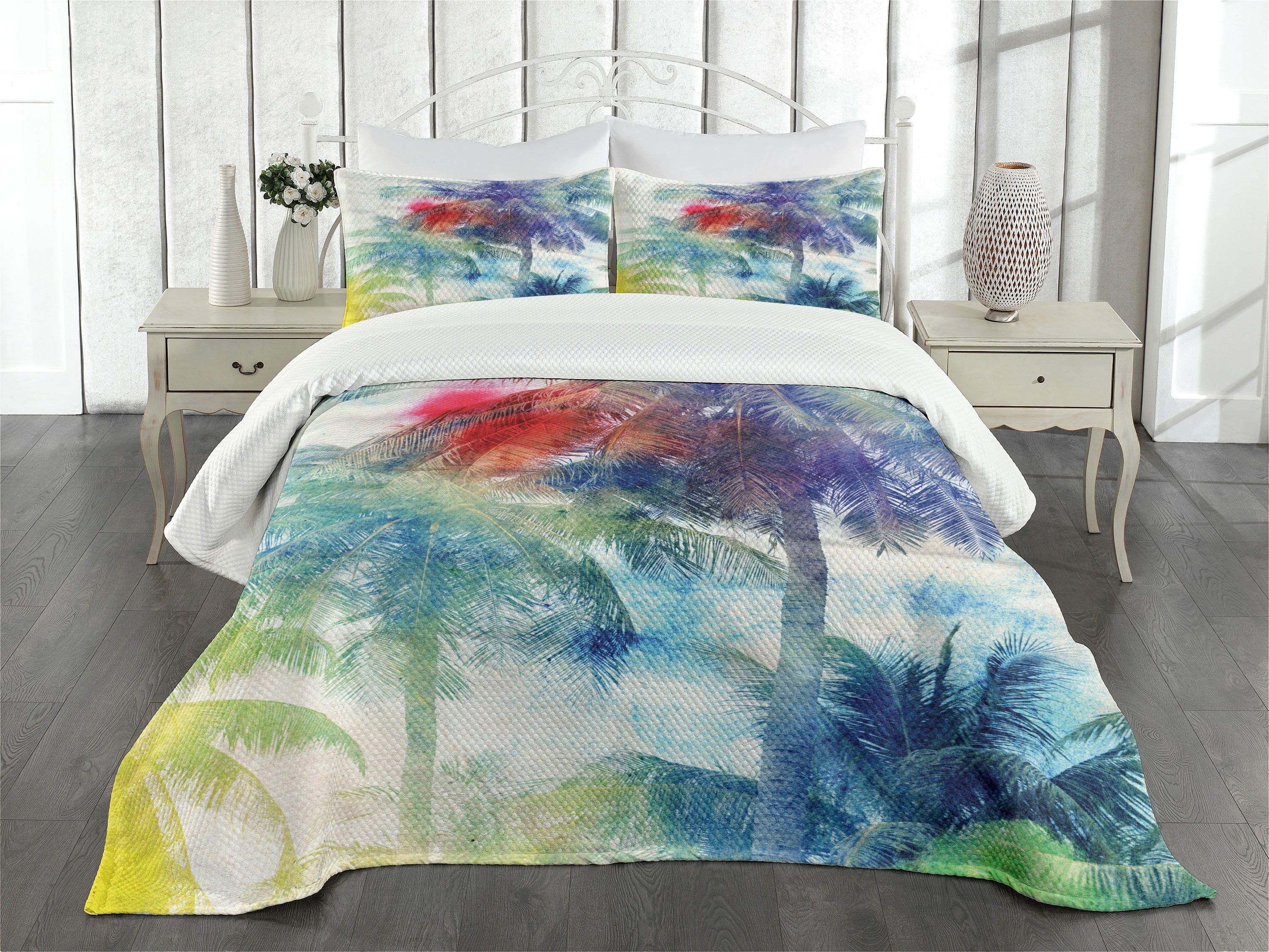 Ambesonne Tropical Quilted Bedspread Set 3 Pcs, Watercolor Palm Retro ...