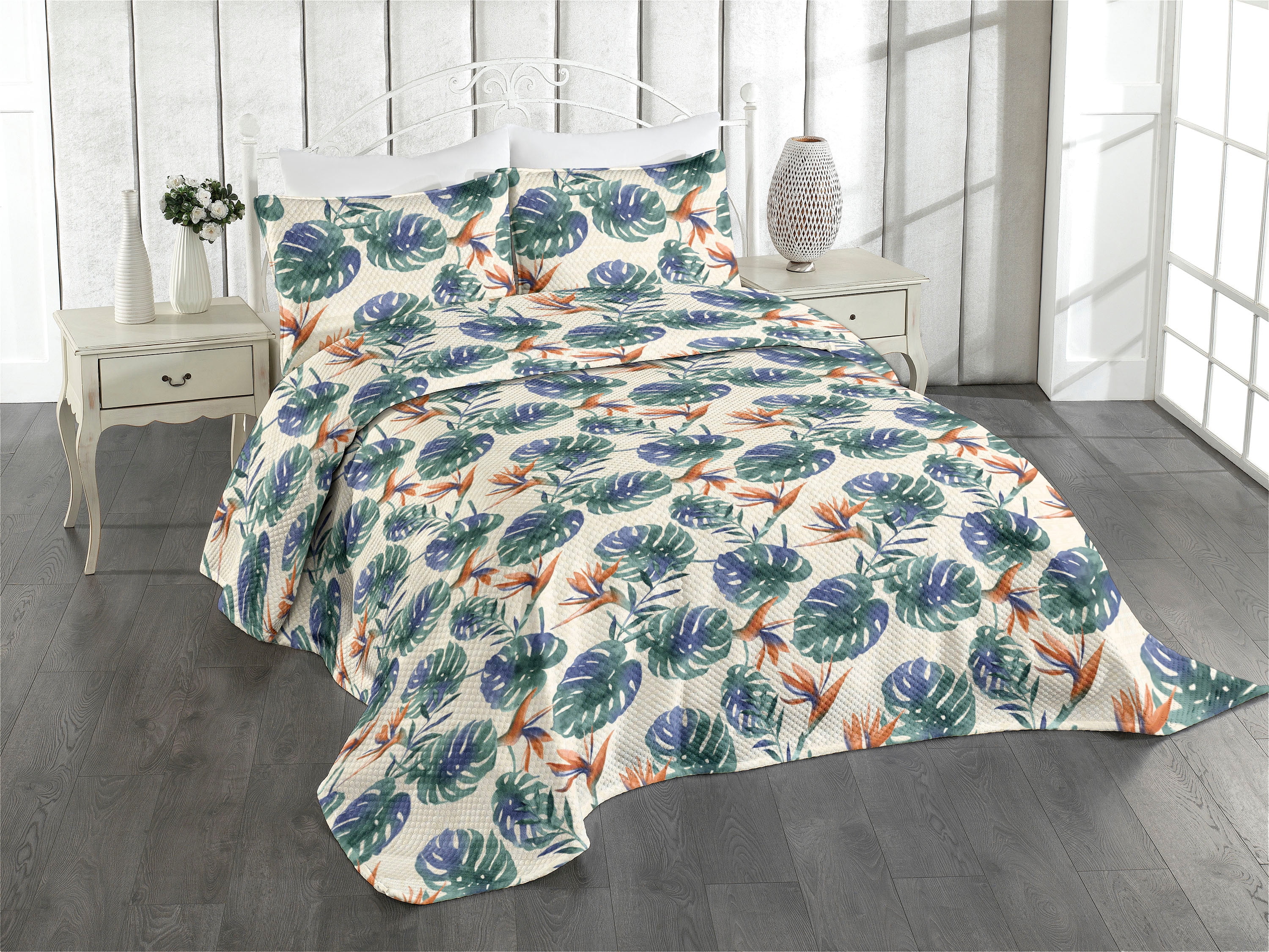 Ambesonne Tropical Quilted Coverlet 2 Pcs, Exotic Watercolor Foliage ...