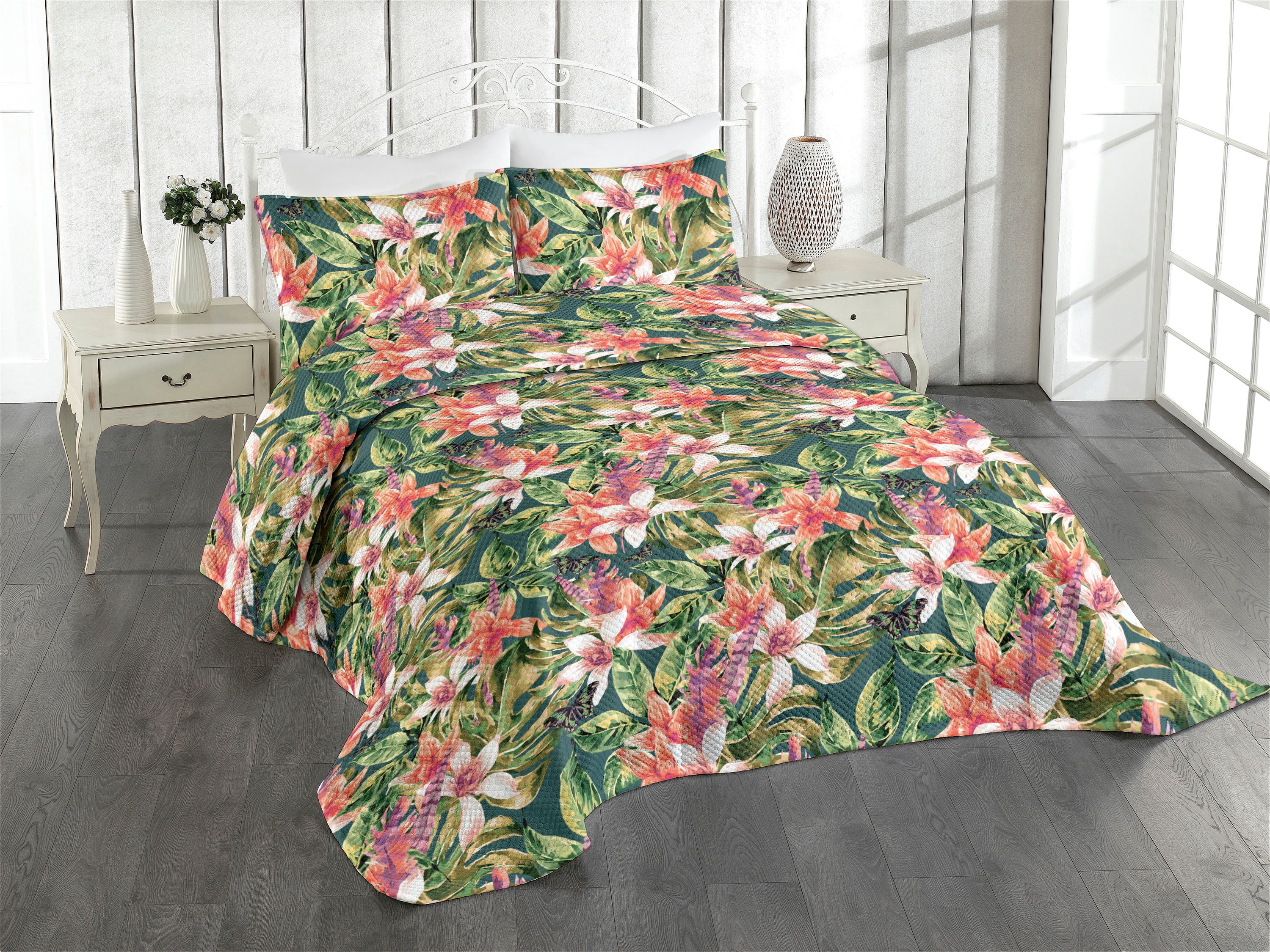 Ambesonne Tropical Quilted Coverlet 2 Pcs, Exotics Hawaii Leaves Art ...