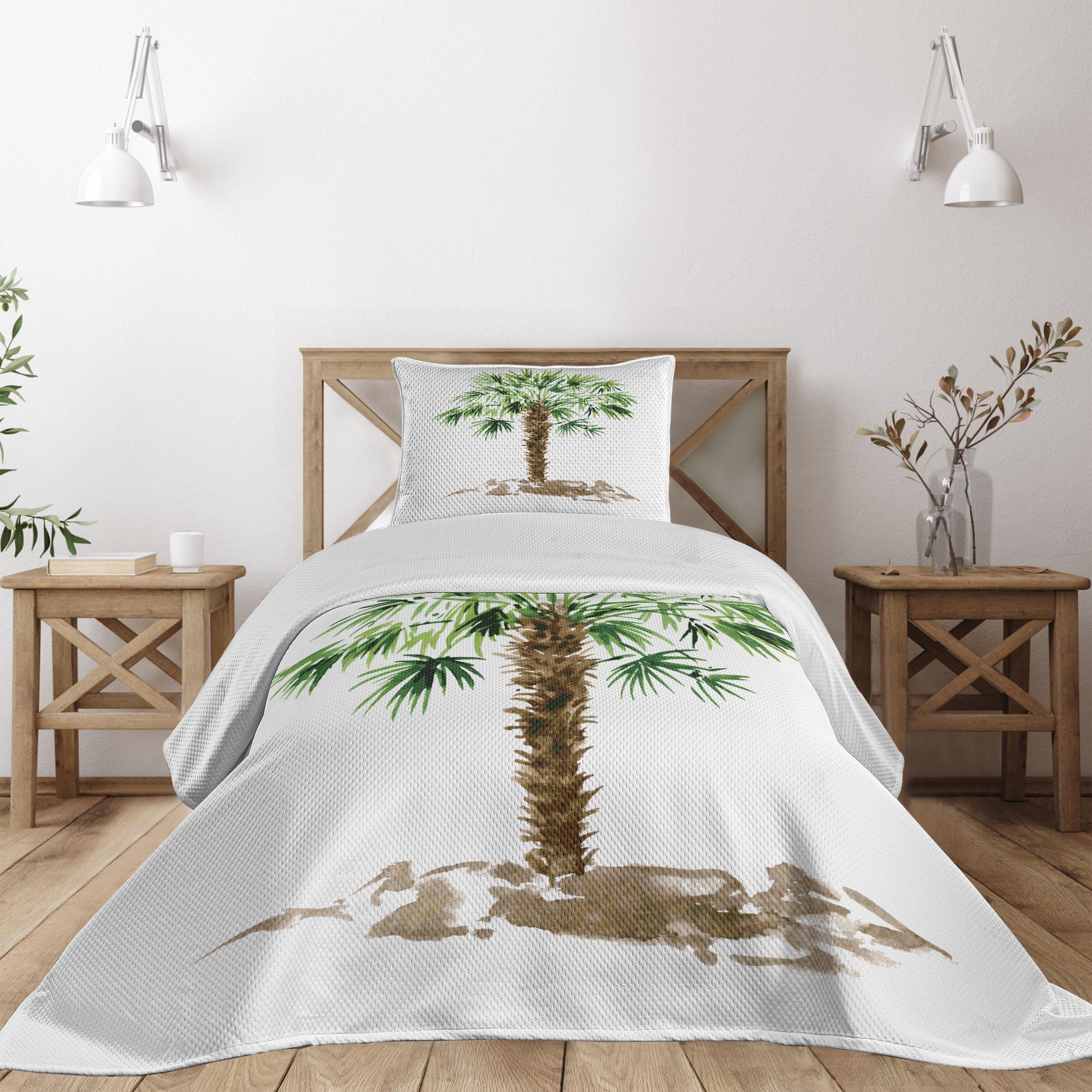 Ambesonne Tropical Quilted Coverlet 2 Pcs, Hawaiian Palm Tree, Twin ...
