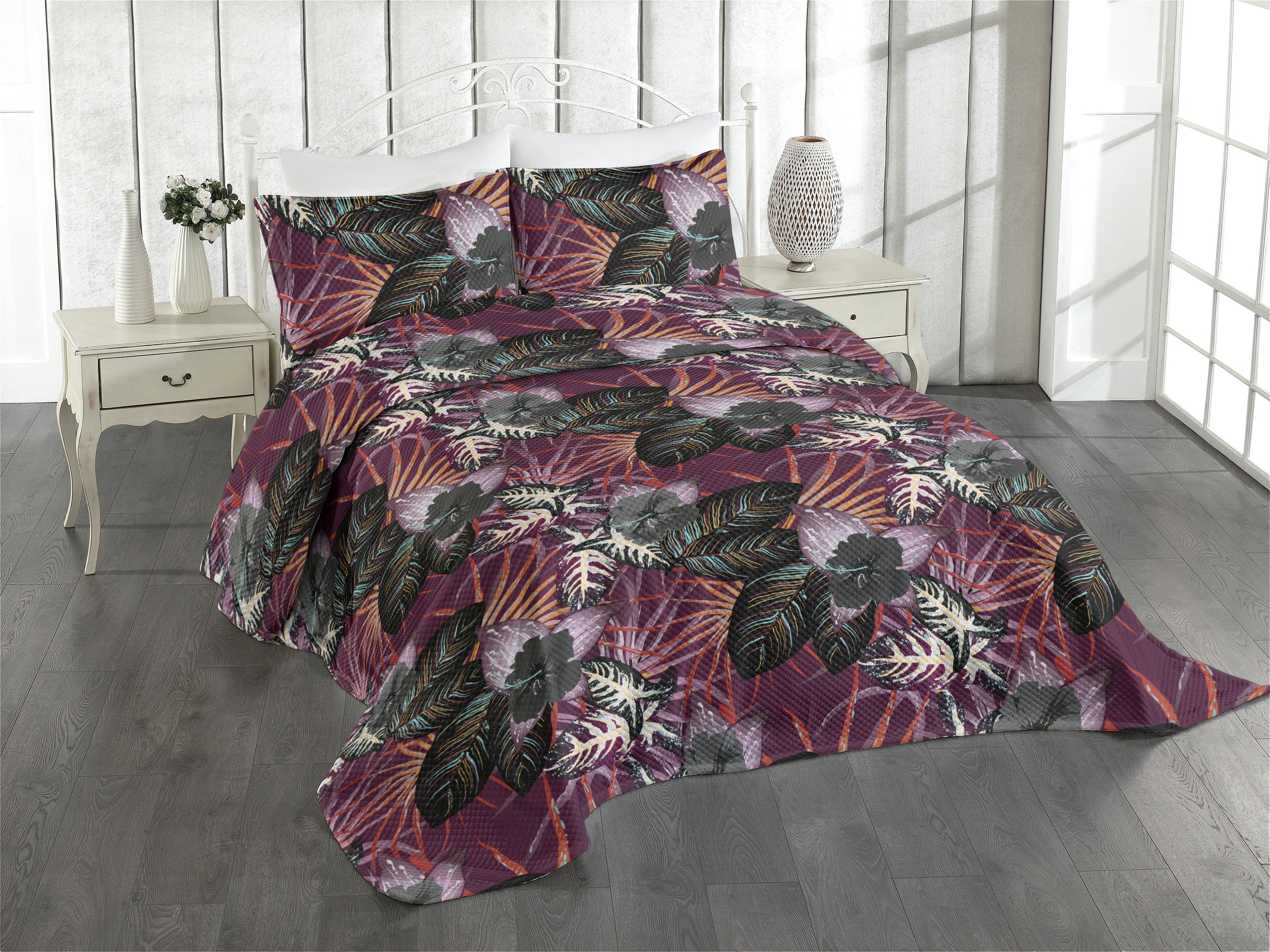 Ambesonne Tropical Quilted Coverlet 2 Pcs, Jungle Leaves Exotic Print ...
