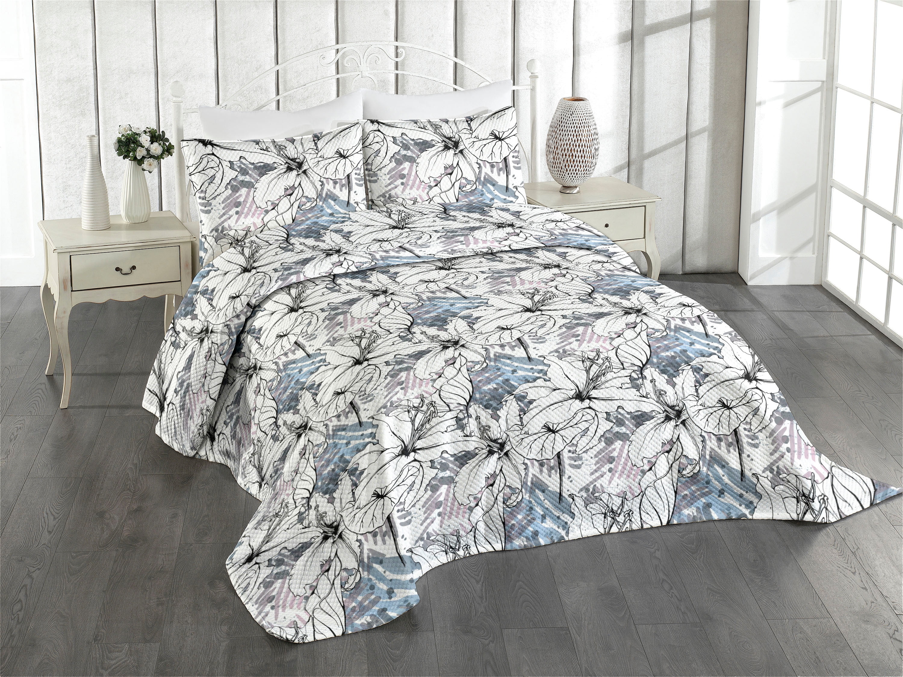 Ambesonne Tropical Quilted Coverlet 2 Pcs, Modern Lily Flowers Grunge ...
