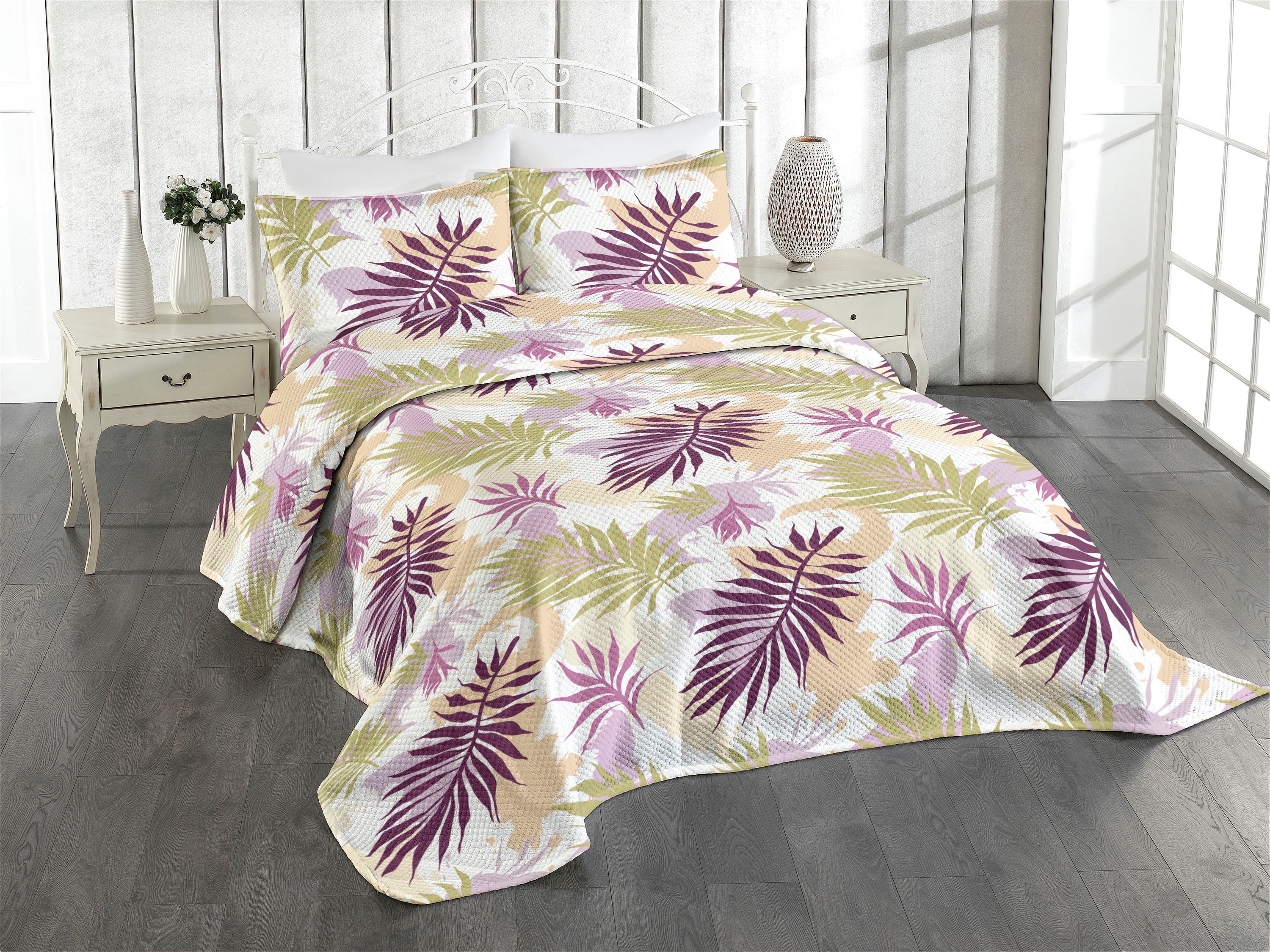 Ambesonne Tropical Quilted Coverlet 2 Pcs, Modern Palm Tree Leaves ...