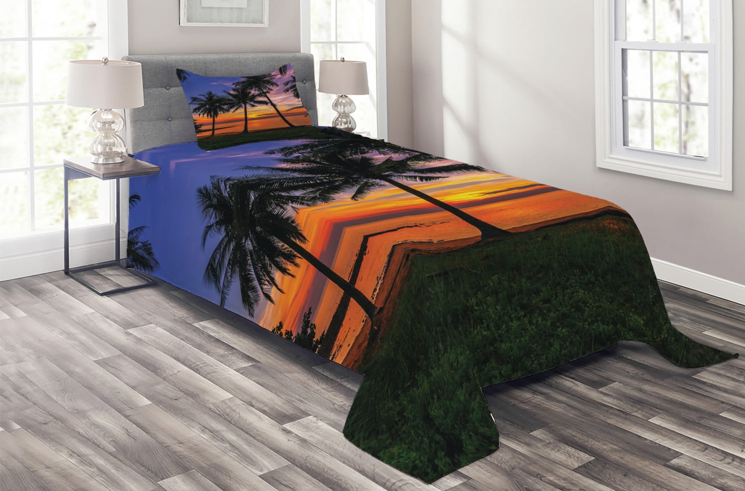 Ambesonne Tropical Quilted Coverlet 2 Pcs, Palm Trees Sunset View, Twin ...
