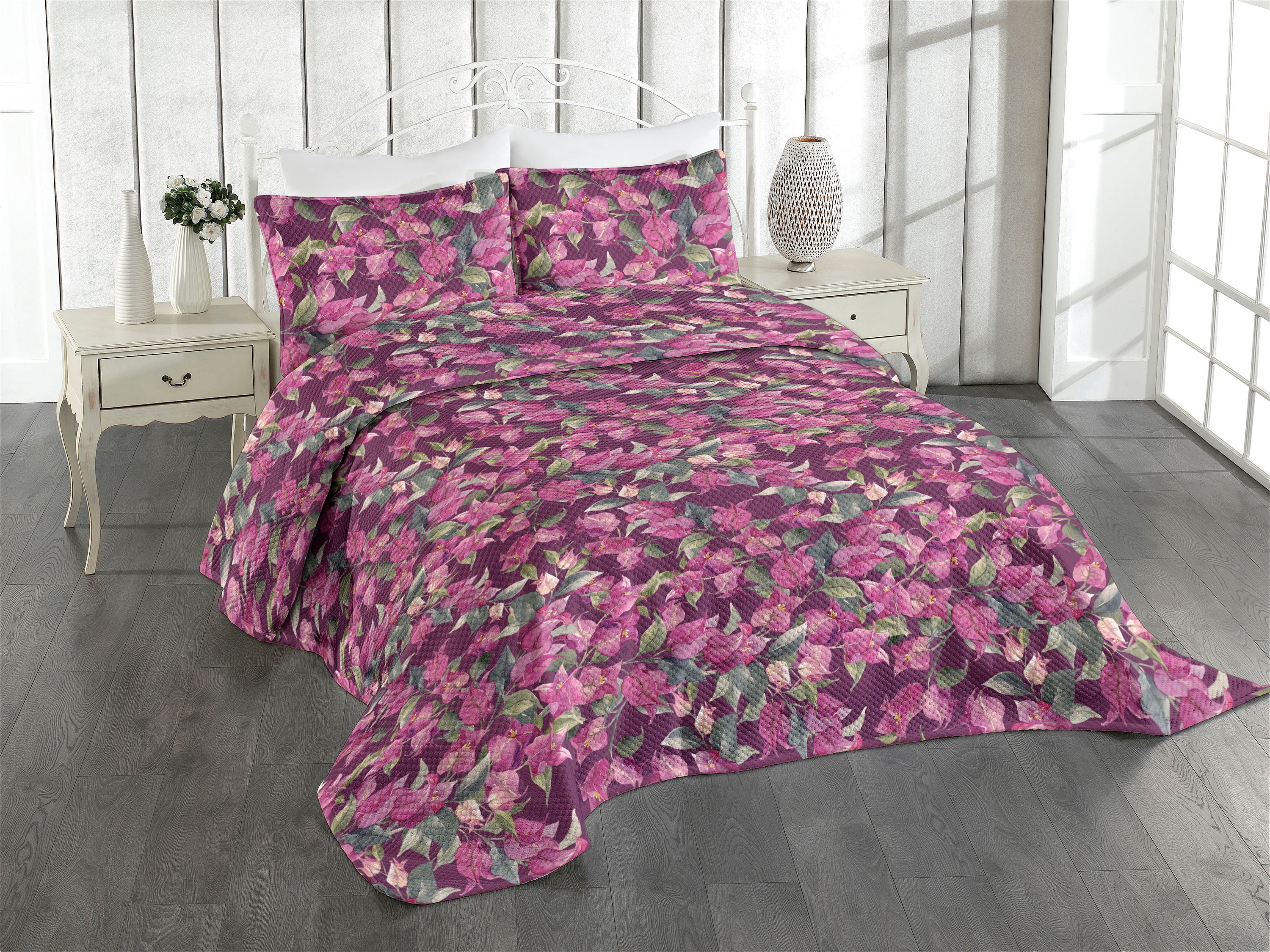 Ambesonne Tropical Quilted Coverlet 2 Pcs, Retro Watercolor Flora Art ...