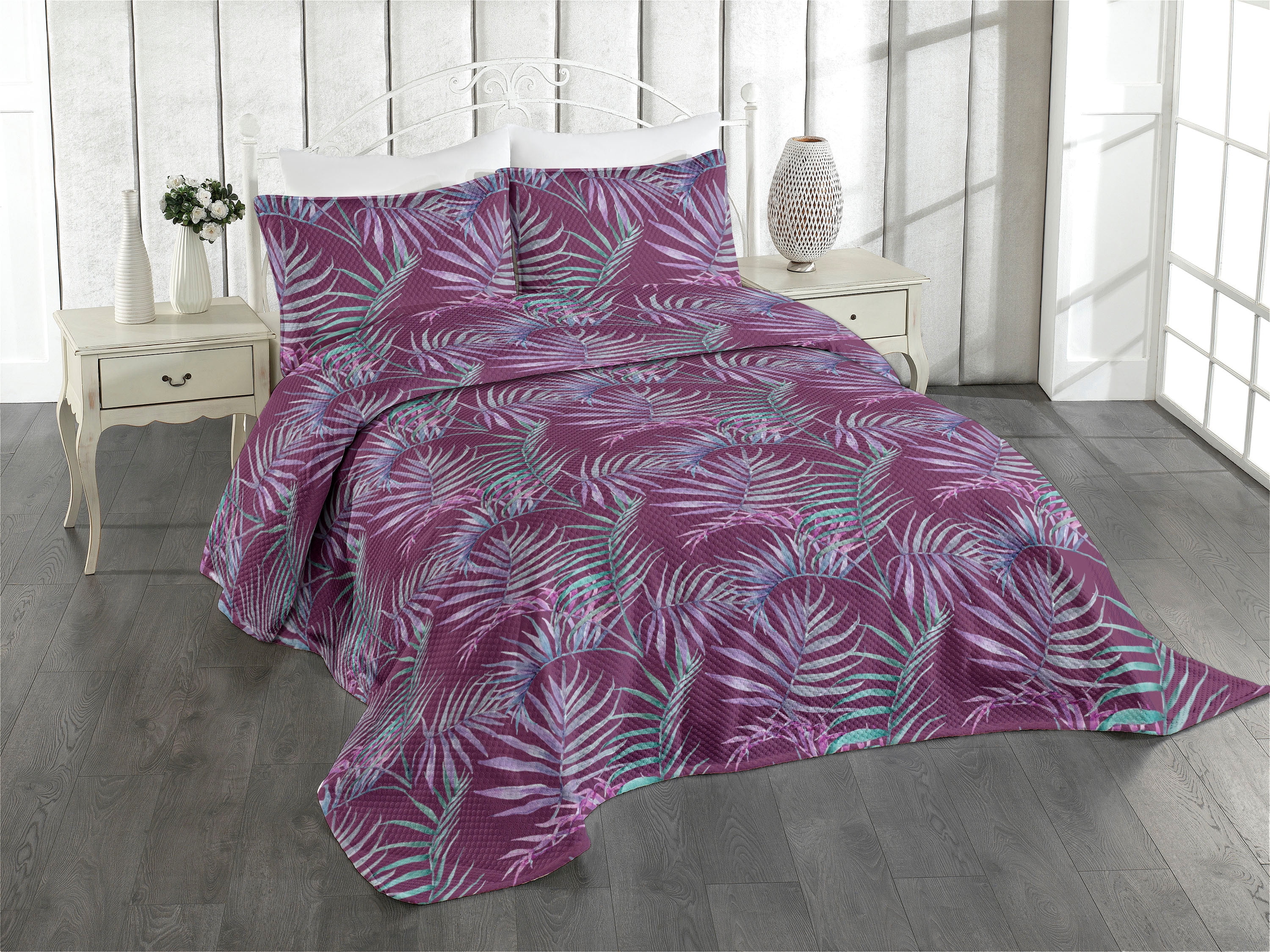 Ambesonne Tropical Quilted Coverlet 2 Pcs, Vintage Palm Leaves Plot ...