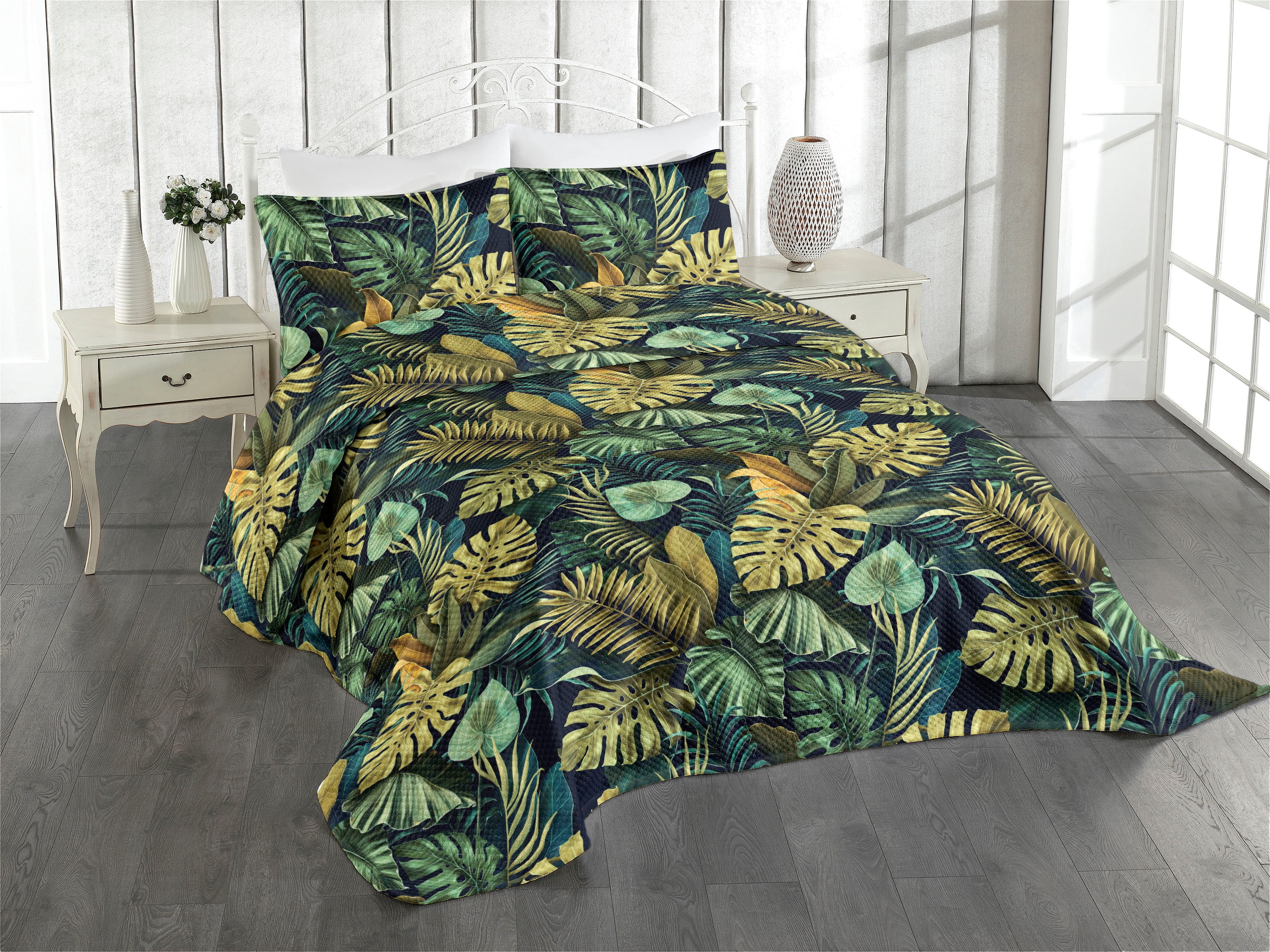 Ambesonne Tropical Quilted Coverlet 3 Pcs, Art Exotic Monstera Leaves ...