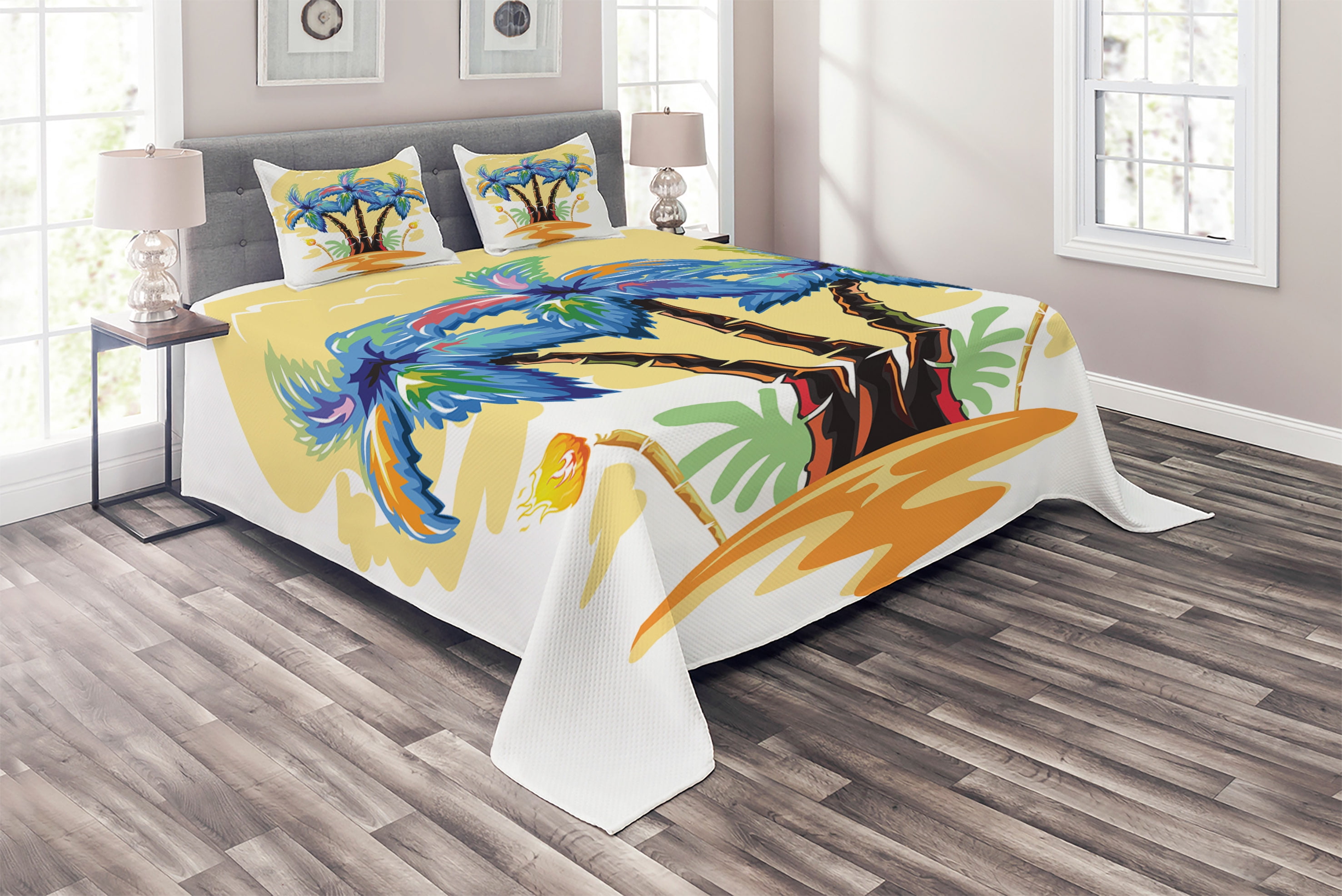 Ambesonne Tropical Quilted Coverlet 3 Pcs, Cartoon Island Sunset, King ...
