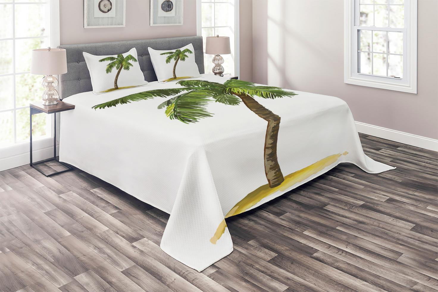 Ambesonne Tropical Quilted Coverlet 3 Pcs, Cartoon Palm Trees, King ...