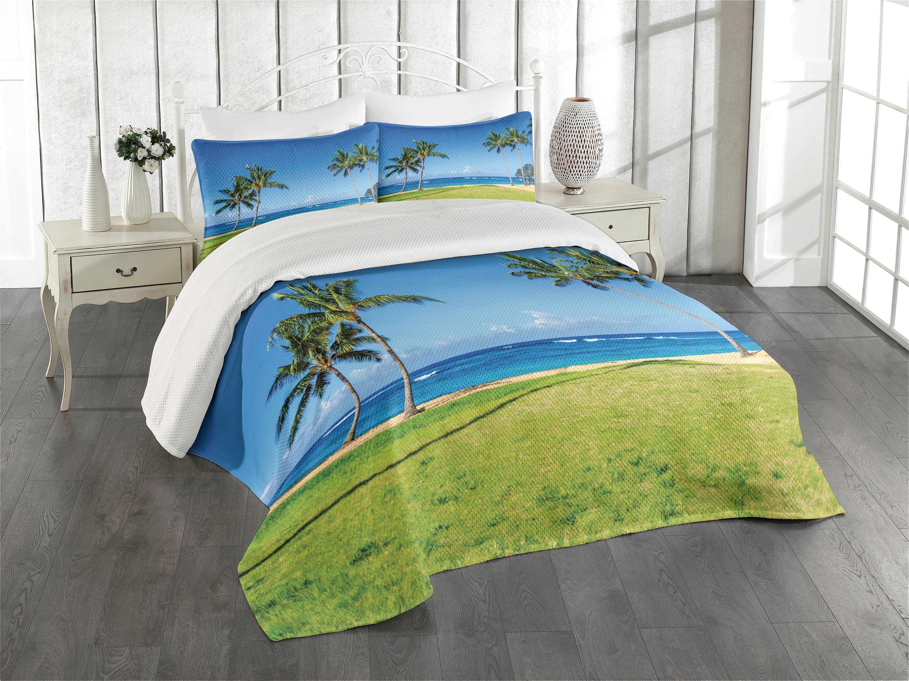 Ambesonne Tropical Quilted Coverlet 3 Pcs, Coconut Palm Hawaii, King ...