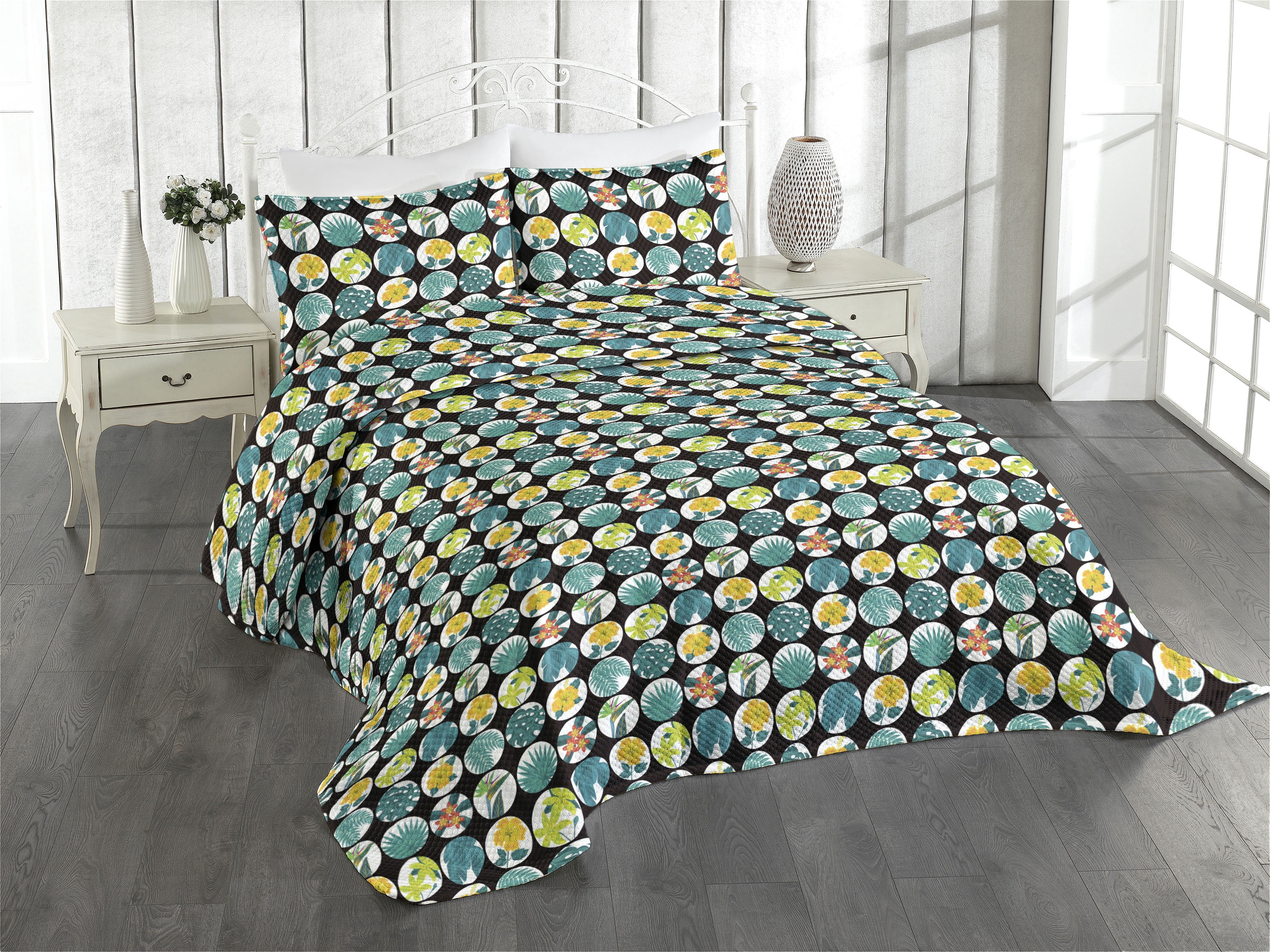 Ambesonne Tropical Quilted Coverlet 3 Pcs, Continuous Flowers Leaves ...