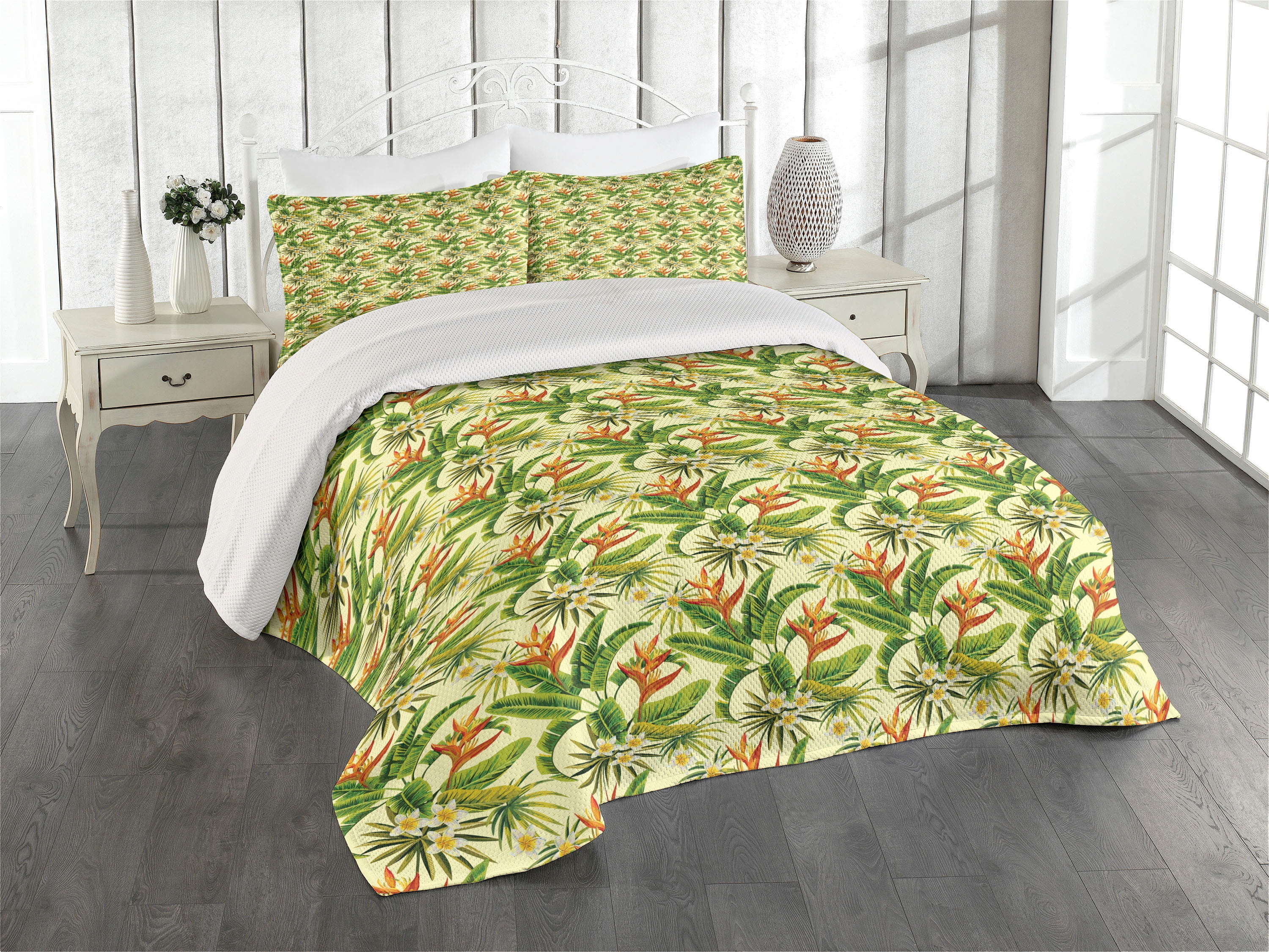 Ambesonne Tropical Quilted Coverlet 3 Pcs, Exoitc Plumeria Blooms, King ...