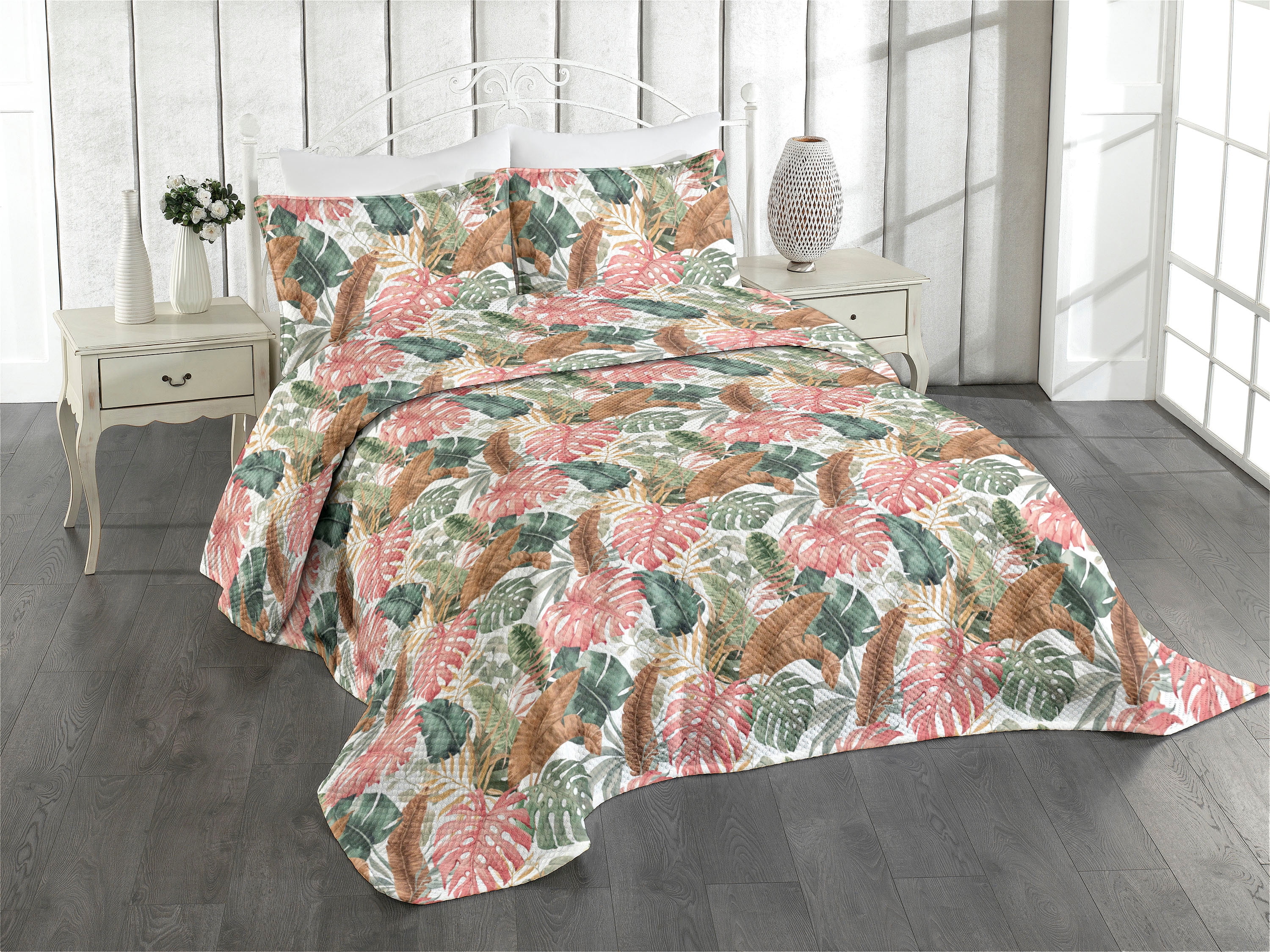 Ambesonne Tropical Quilted Coverlet 3 Pcs, Exotic Banana Palm Plot ...