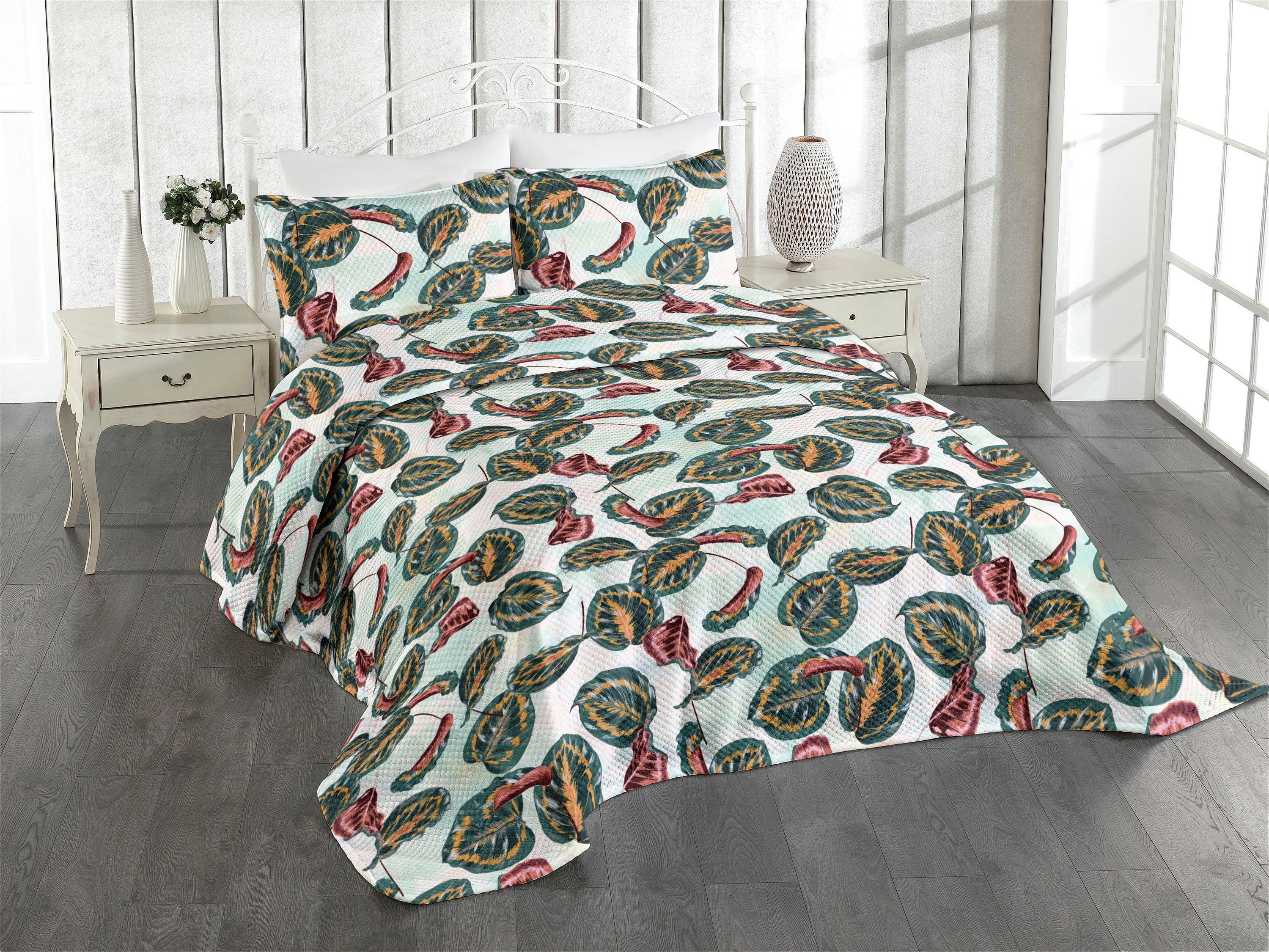Ambesonne Tropical Quilted Coverlet 3 Pcs, Exotic Maranta Leaves Art ...