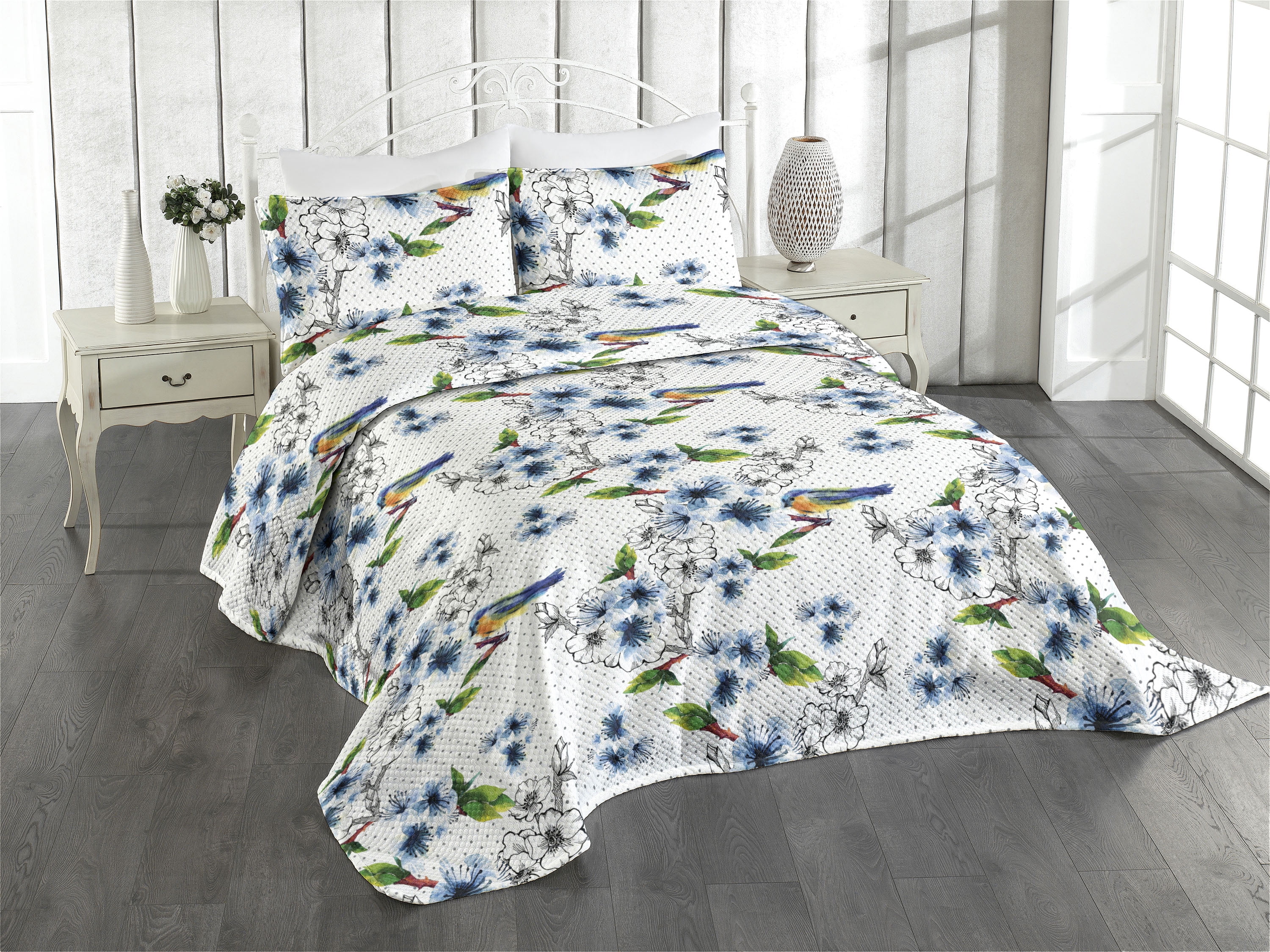 Ambesonne Tropical Quilted Coverlet 3 Pcs, Flowers Branch Birds Art ...