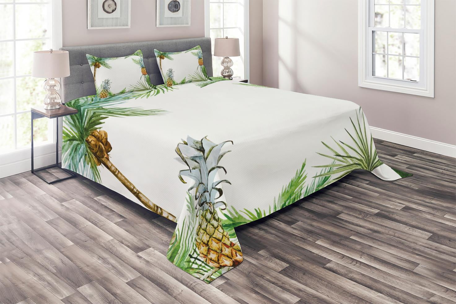 Ambesonne Tropical Quilted Coverlet 3 Pcs, Frame Style Palm Trees ...
