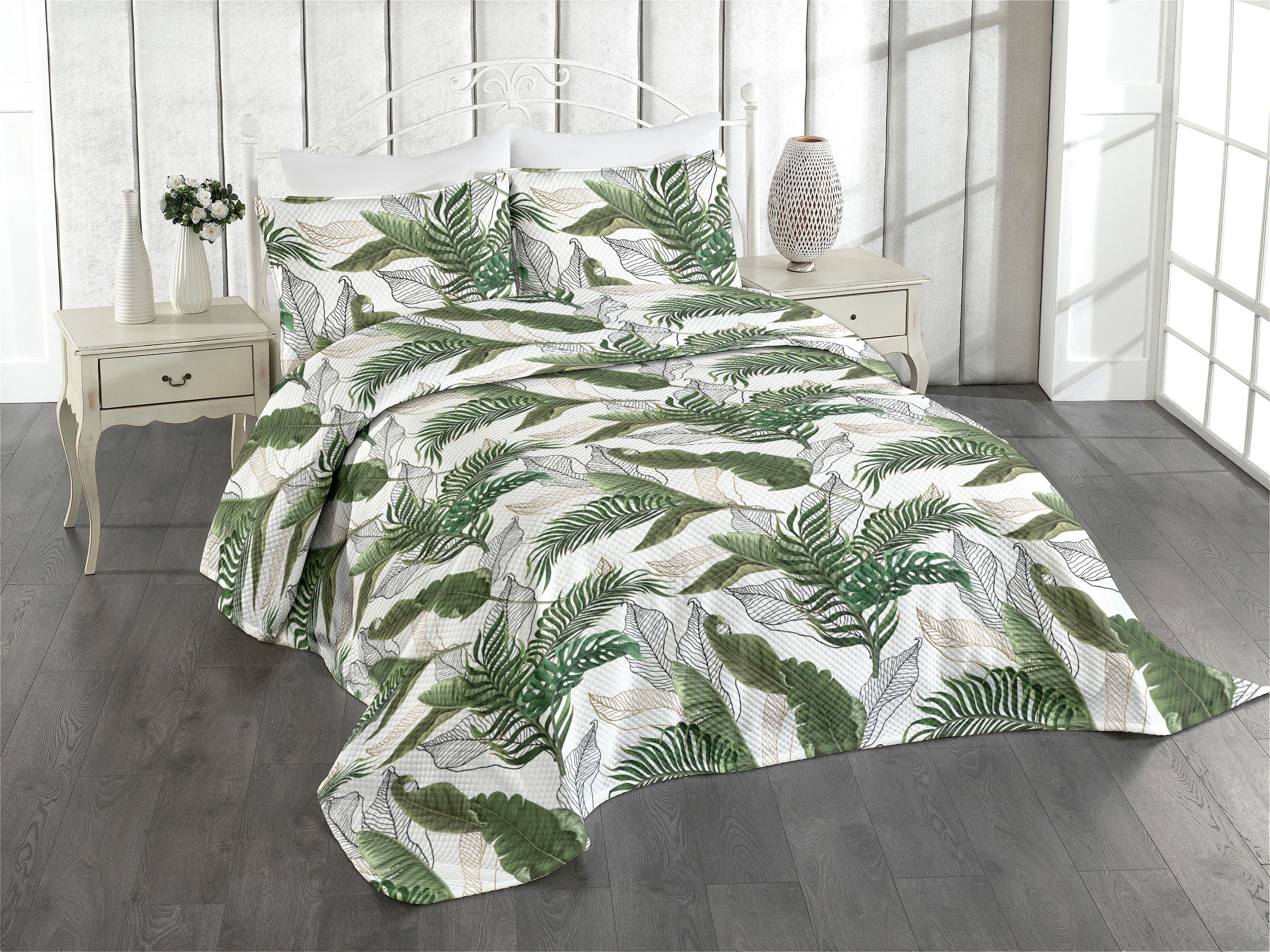 Ambesonne Tropical Quilted Coverlet 3 Pcs, Hawaii Exotic Palm Leaves ...