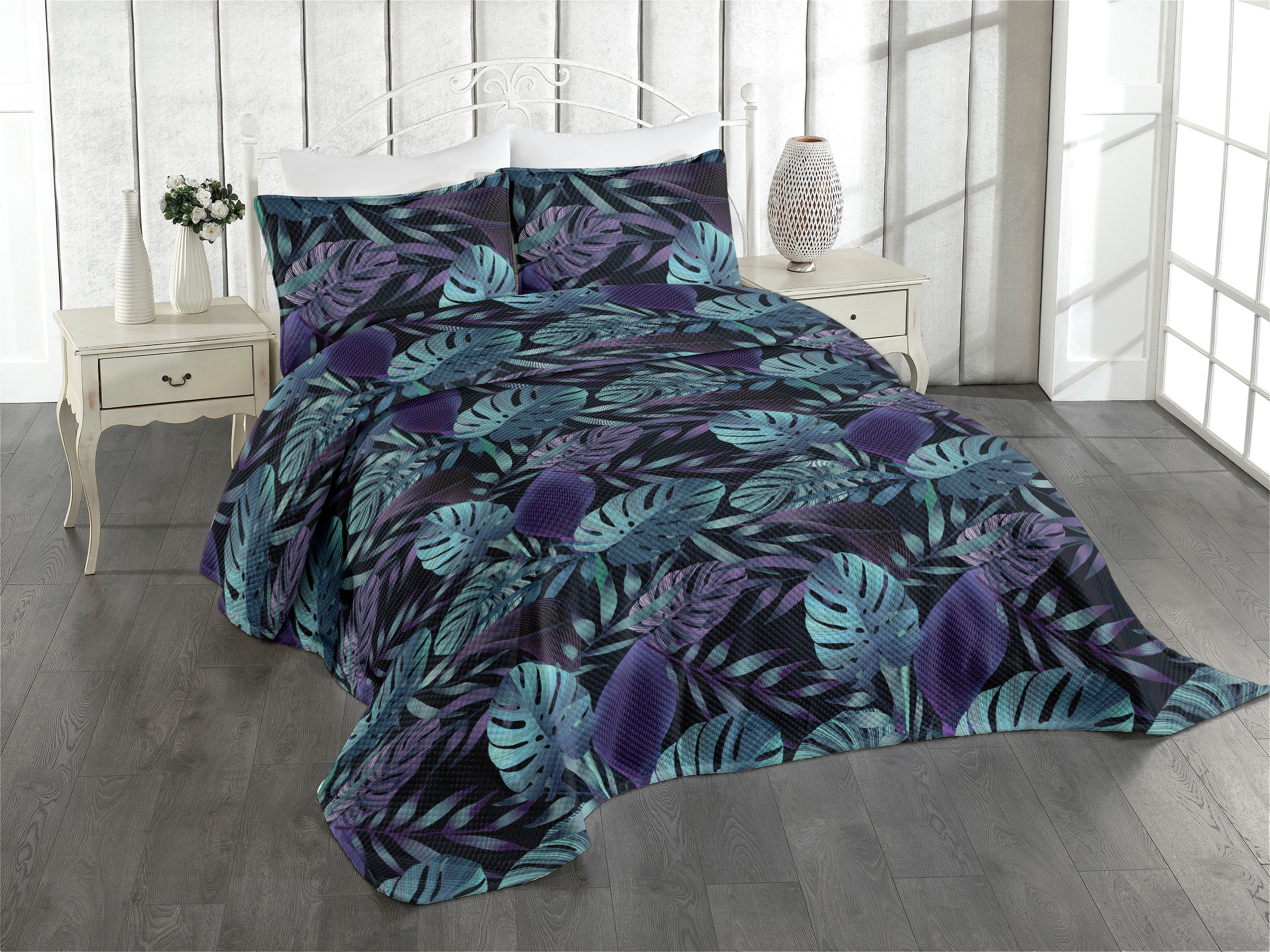 Ambesonne Tropical Quilted Coverlet 3 Pcs, Jungle Monstera Palm Art ...