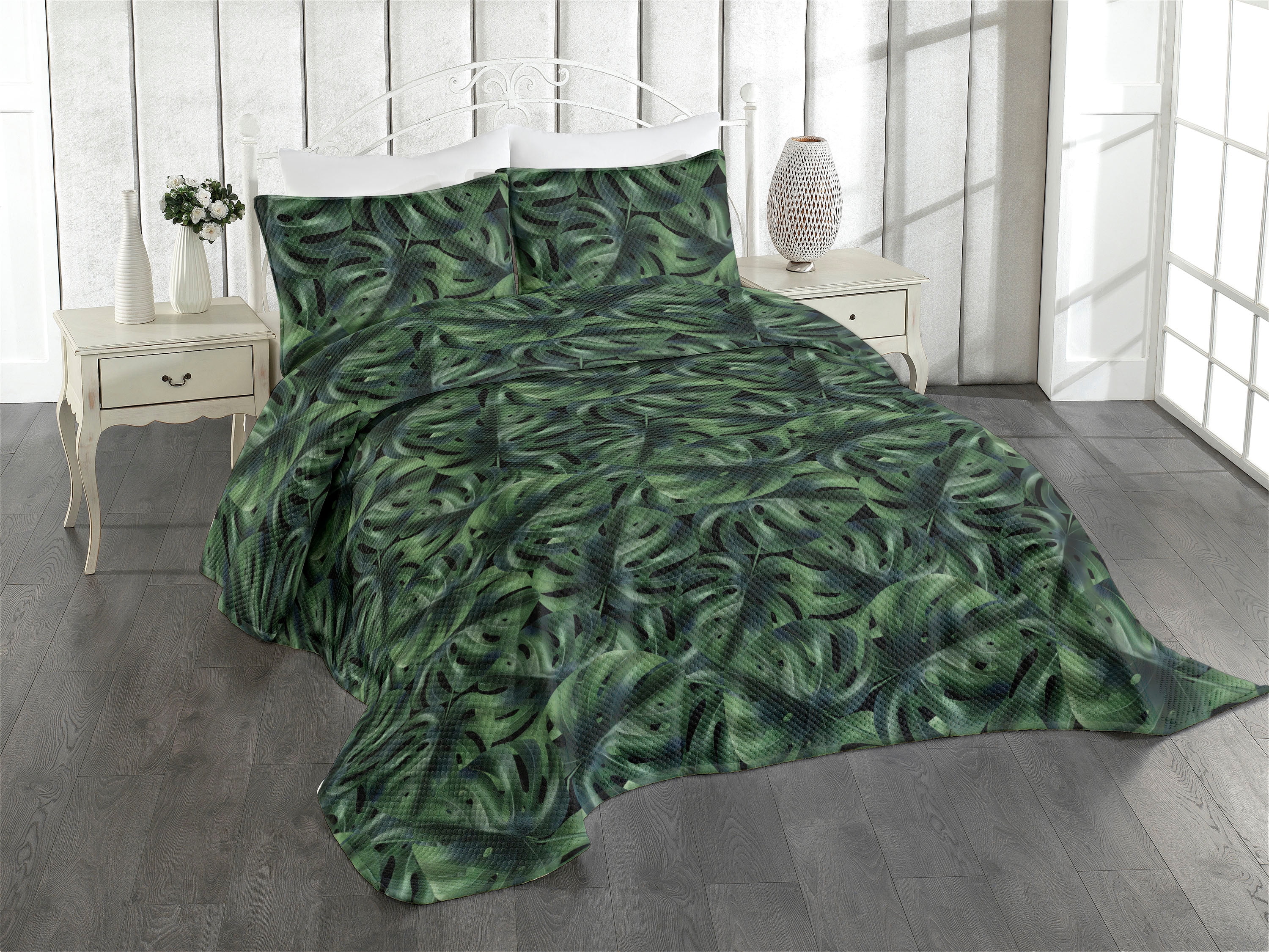 Ambesonne Tropical Quilted Coverlet 3 Pcs, Monsteras Realistic Plot ...