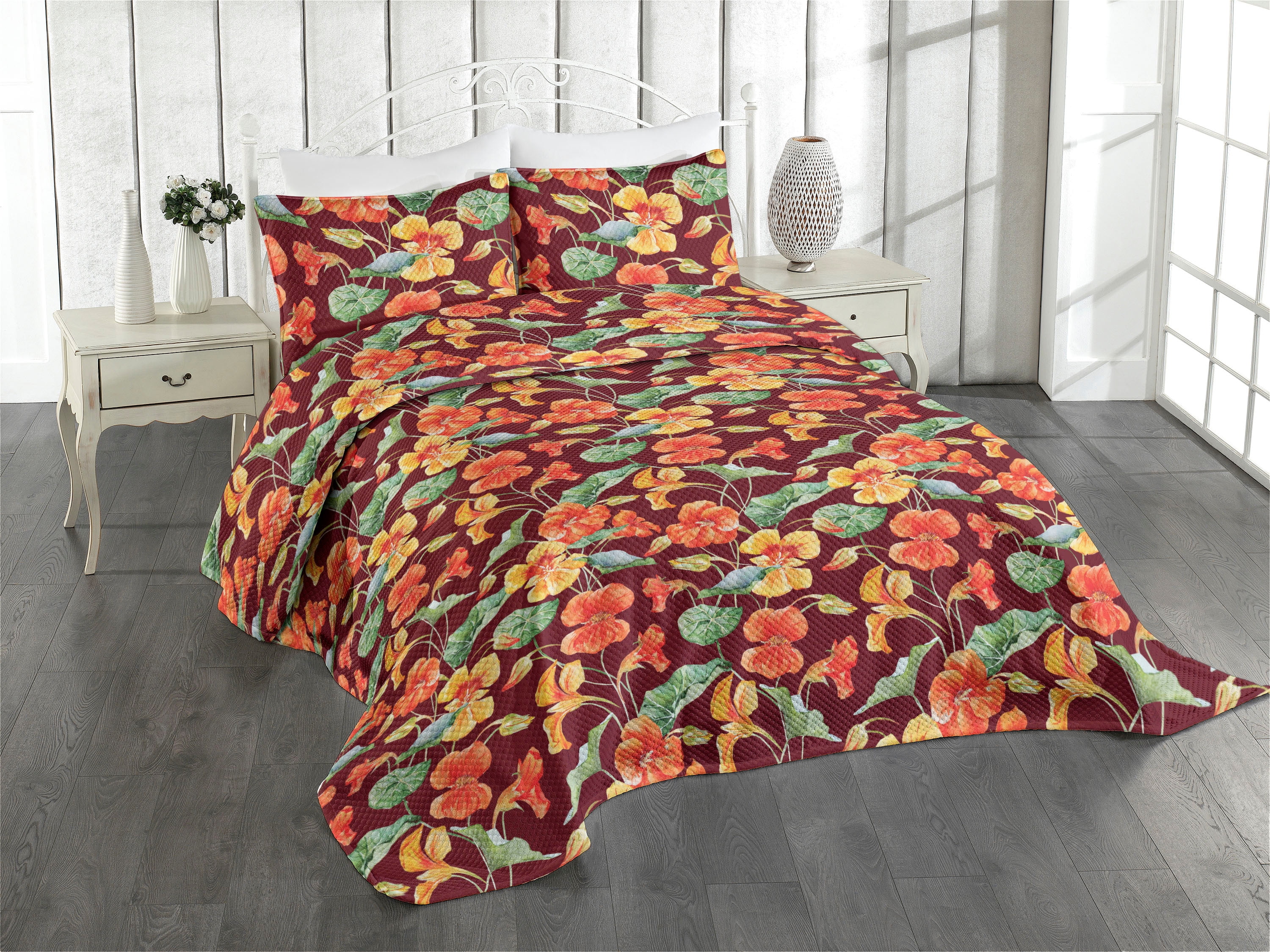Ambesonne Tropical Quilted Coverlet 3 Pcs, Nasturtium Flowers Plot ...