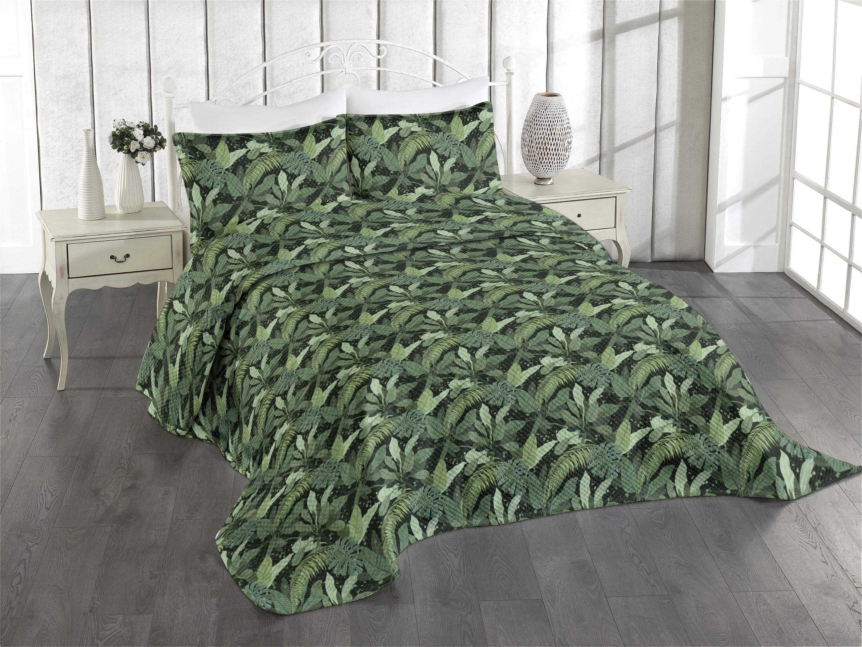 Ambesonne Tropical Quilted Coverlet 3 Pcs, Nature Exotic Leaves Art ...