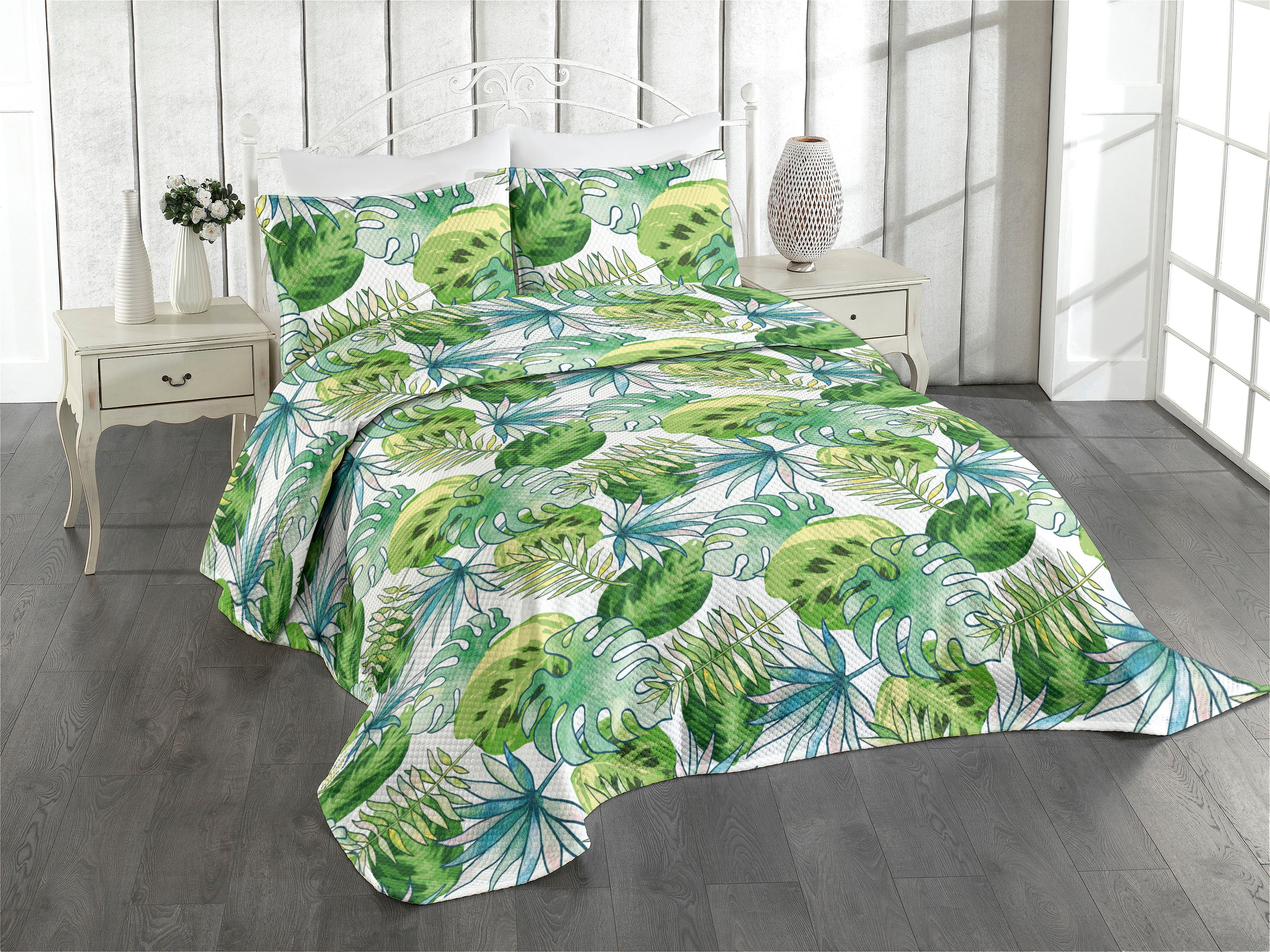 Ambesonne Tropical Quilted Coverlet 3 Pcs, Overlapped Exotic Leaves ...