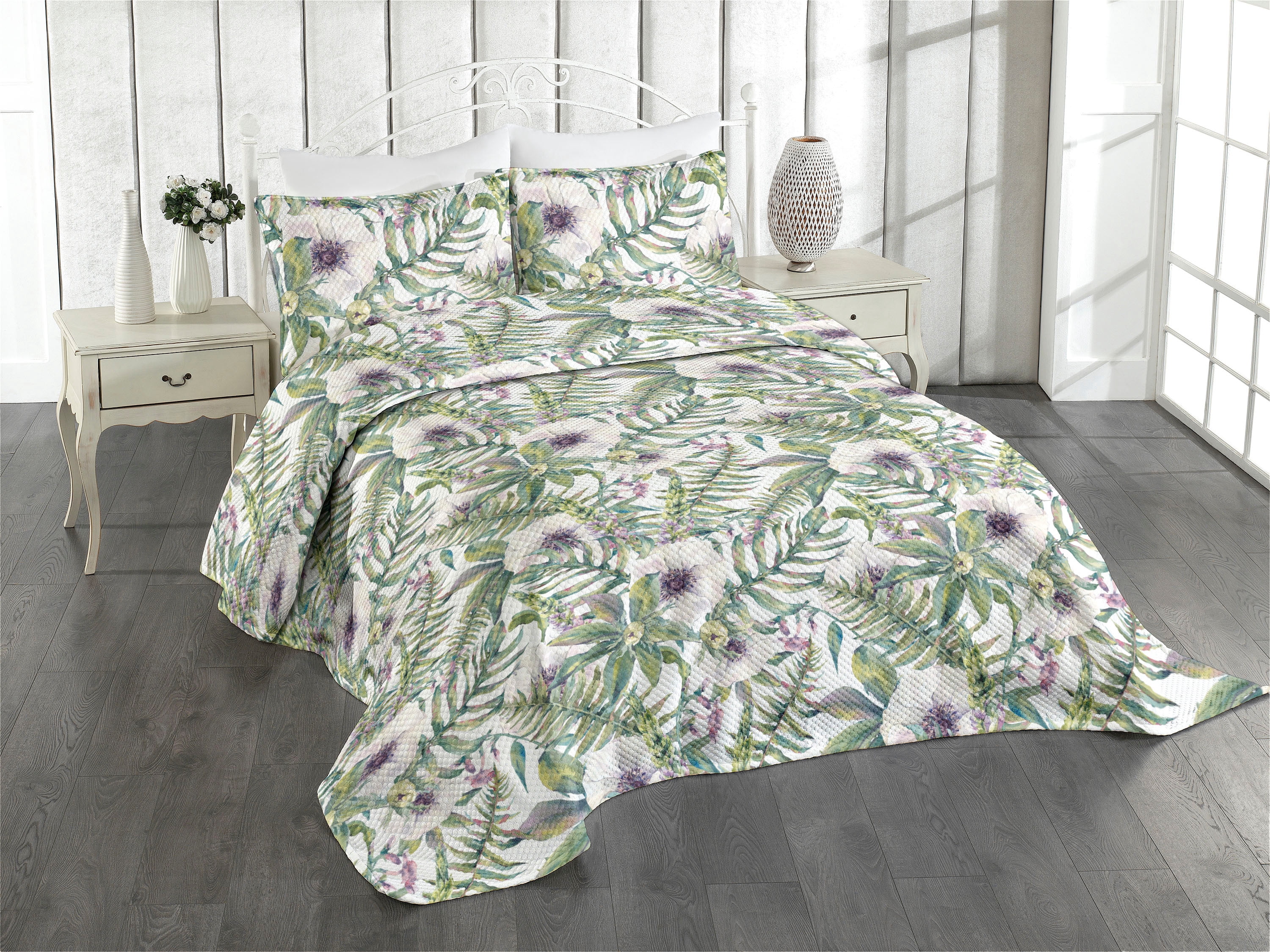 Ambesonne Tropical Quilted Coverlet 3 Pcs, Palm Leaves Lupine Anemone ...