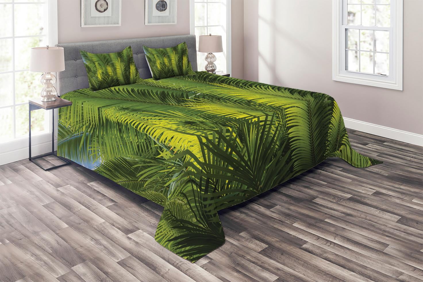 Ambesonne Tropical Quilted Coverlet 3 Pcs, Palm Trees Exotic, Queen ...