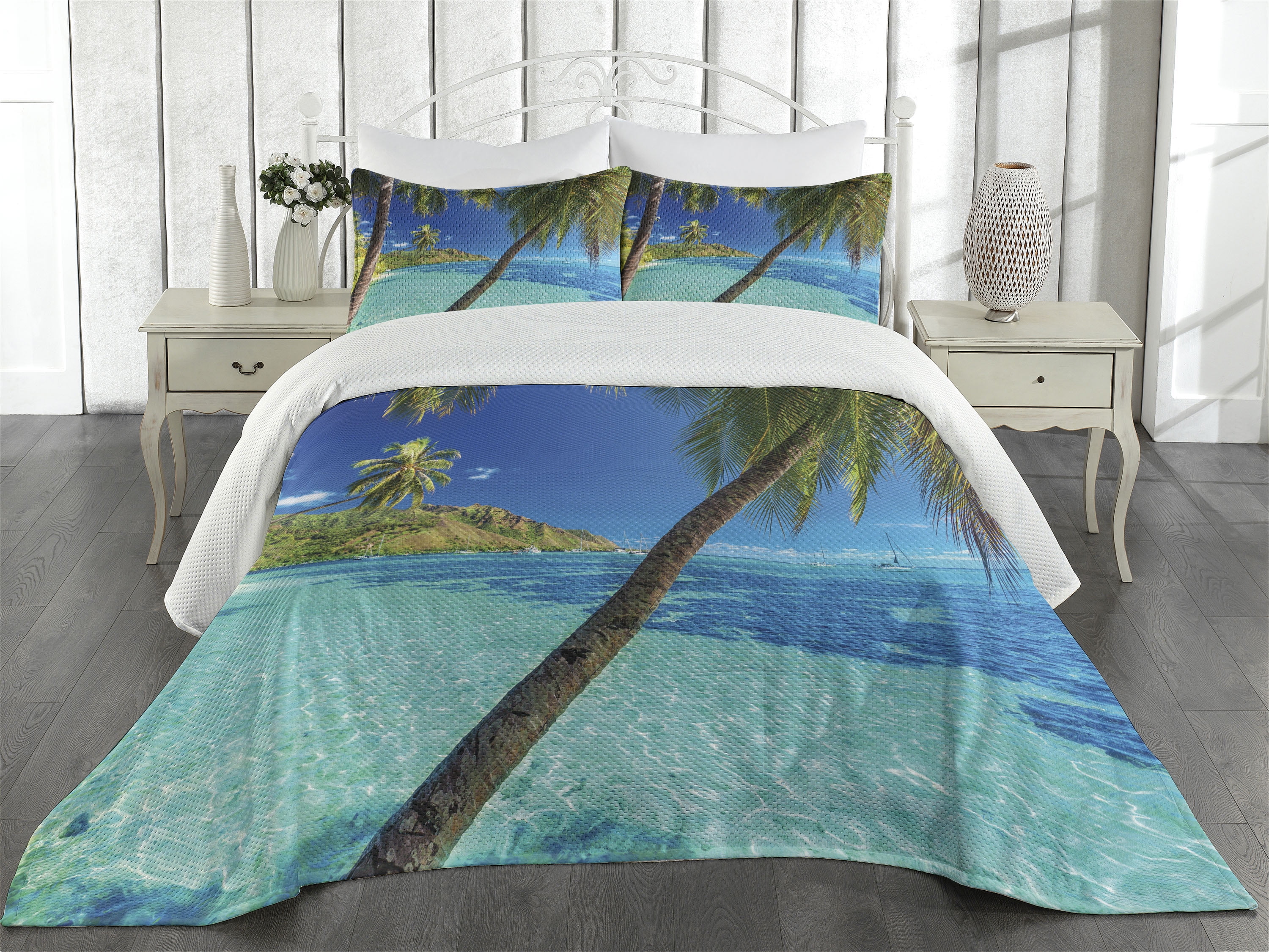 Ambesonne Tropical Quilted Coverlet 3 Pcs, Palm Trees Sea Beach, King ...