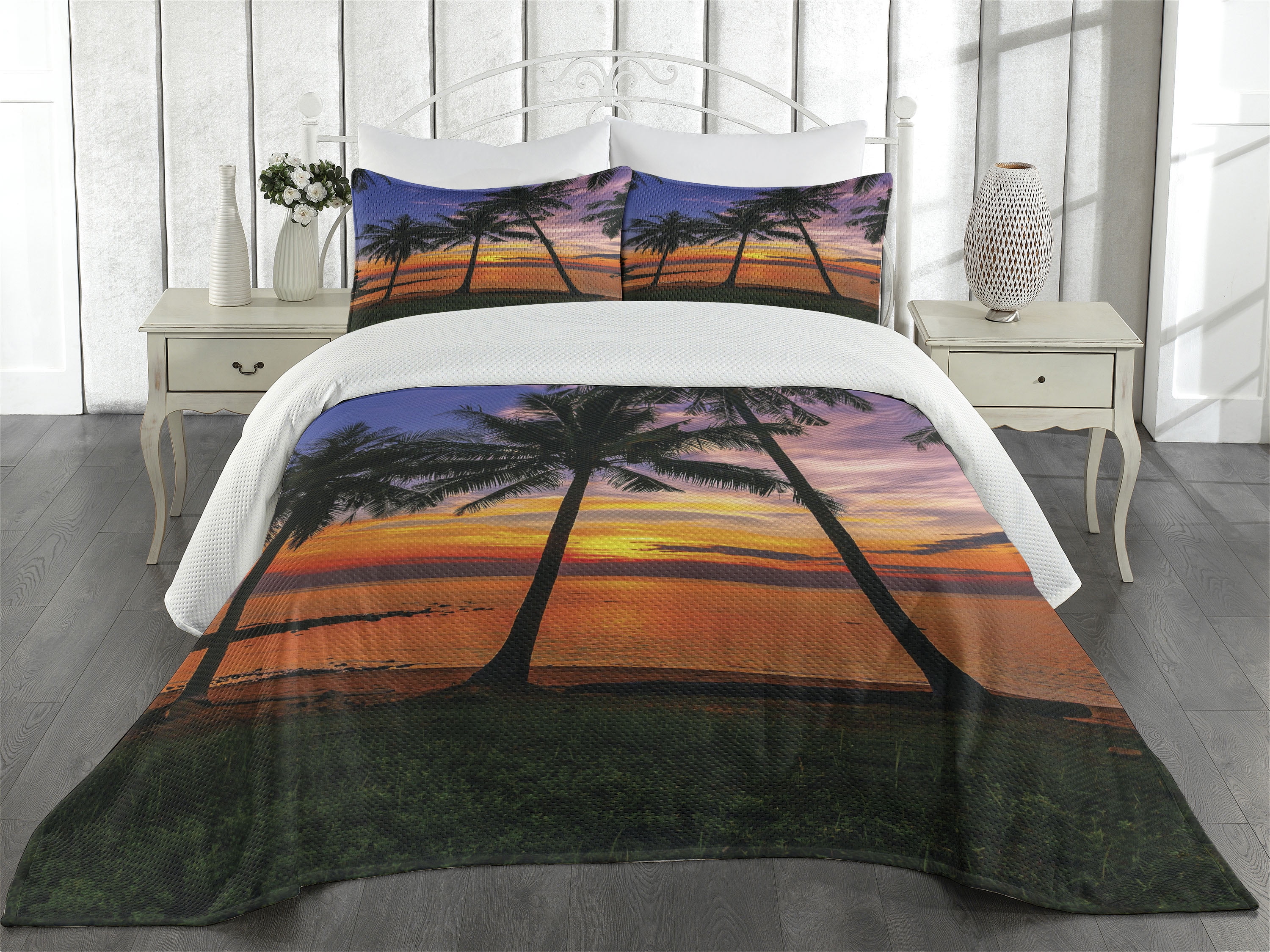 Ambesonne Beach Theme Tropical Quilted Coverlet Set, Palm Trees Sunset ...