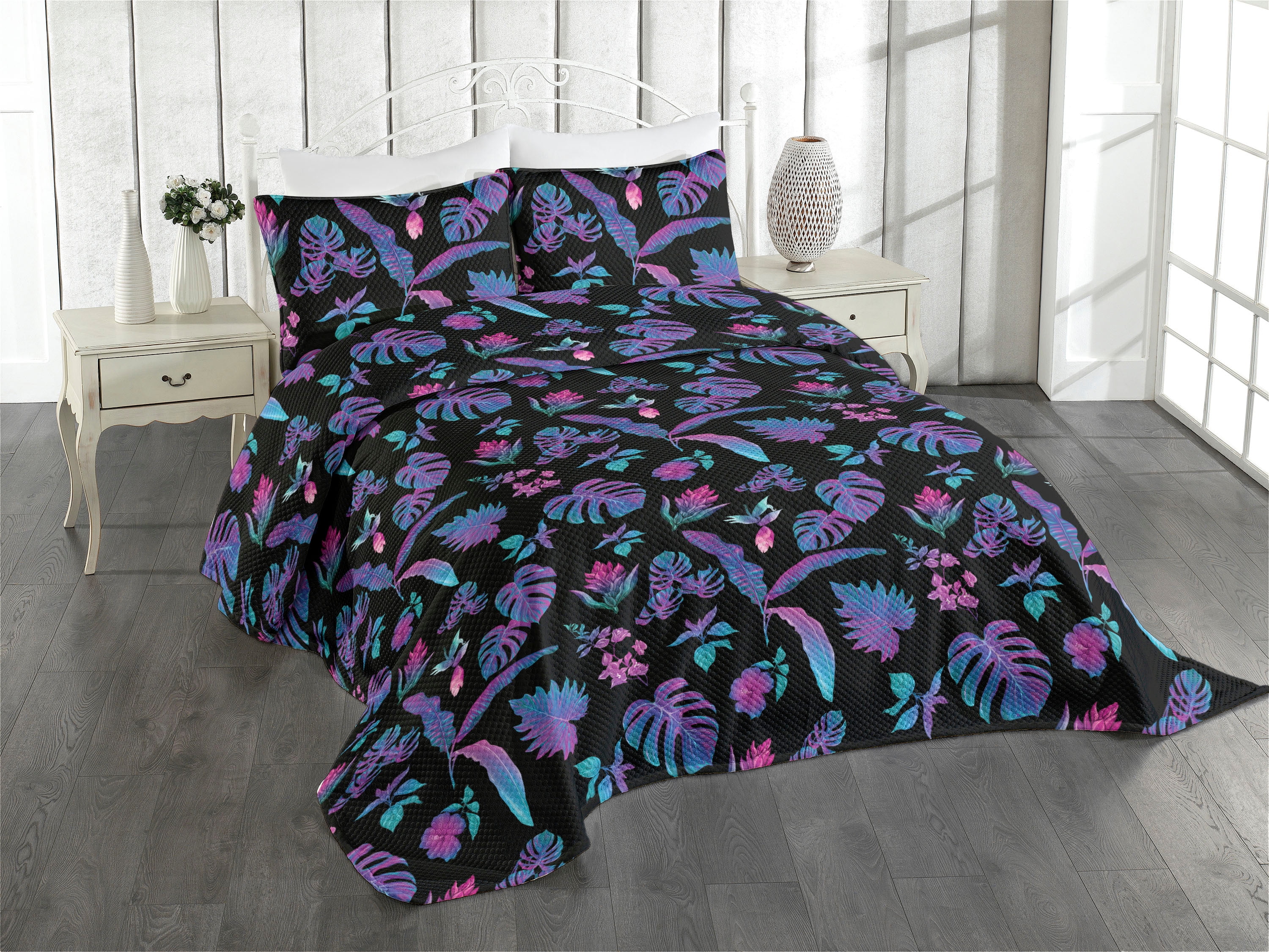 Ambesonne Tropical Quilted Coverlet 3 Pcs, Retro Abstract Monstera ...