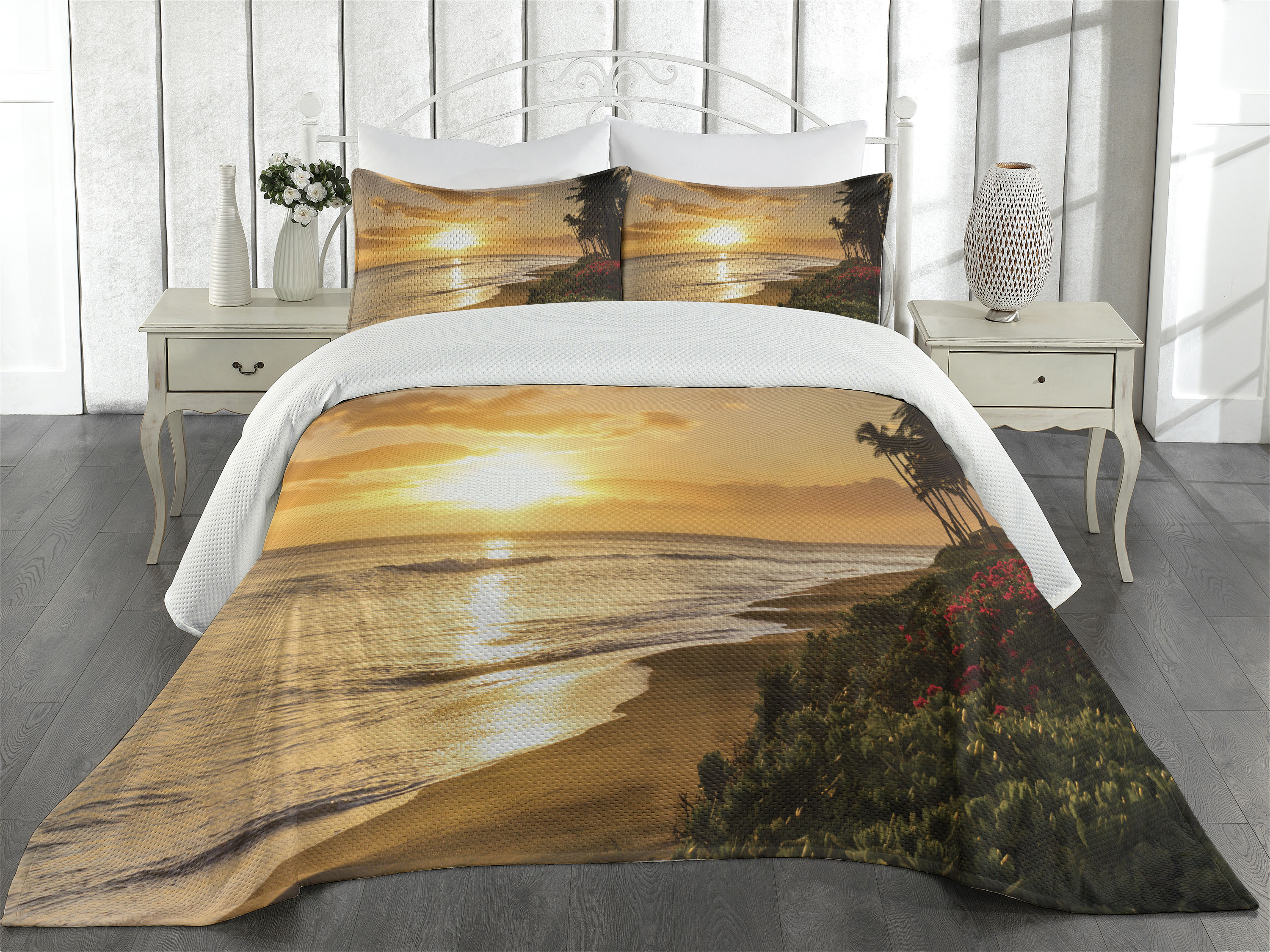 Ambesonne Tropical Quilted Coverlet 3 Pcs, Sunset on Sands Beach, King ...