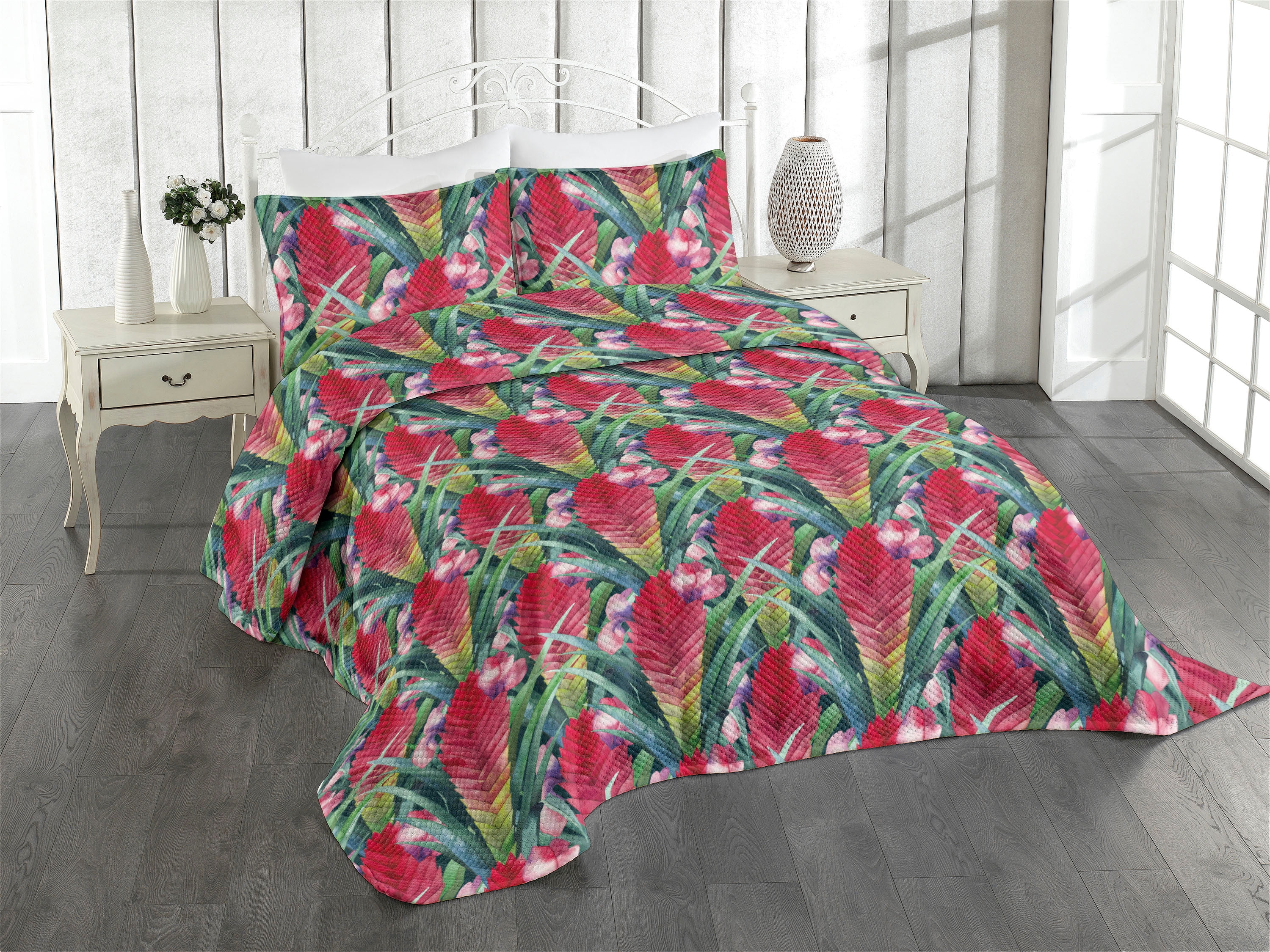 Ambesonne Tropical Quilted Coverlet 3 Pcs, Tillandsia Cyanea Leaves ...