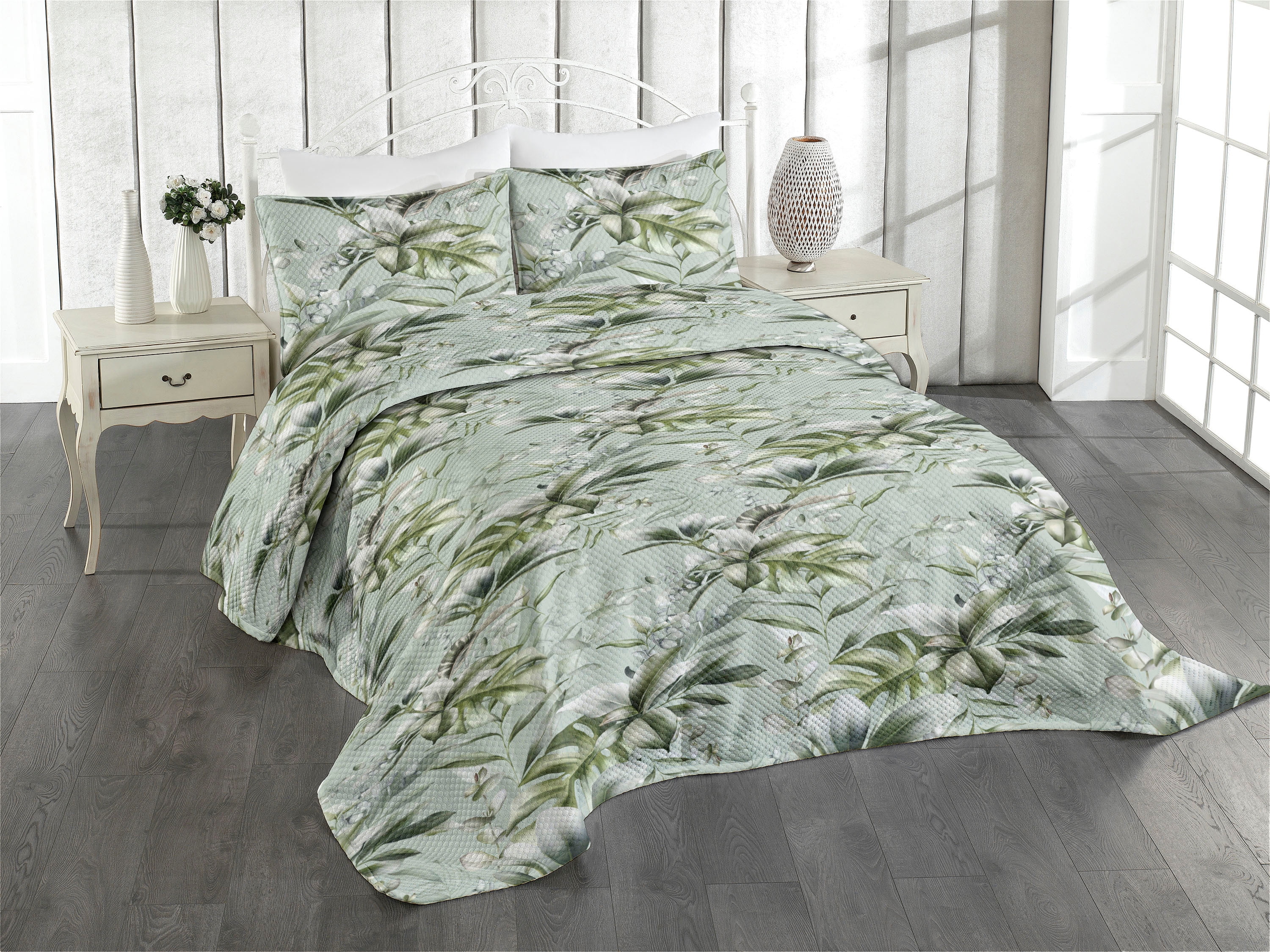 Ambesonne Tropical Quilted Coverlet 3 Pcs, Vintage Jungle Foliage Art ...