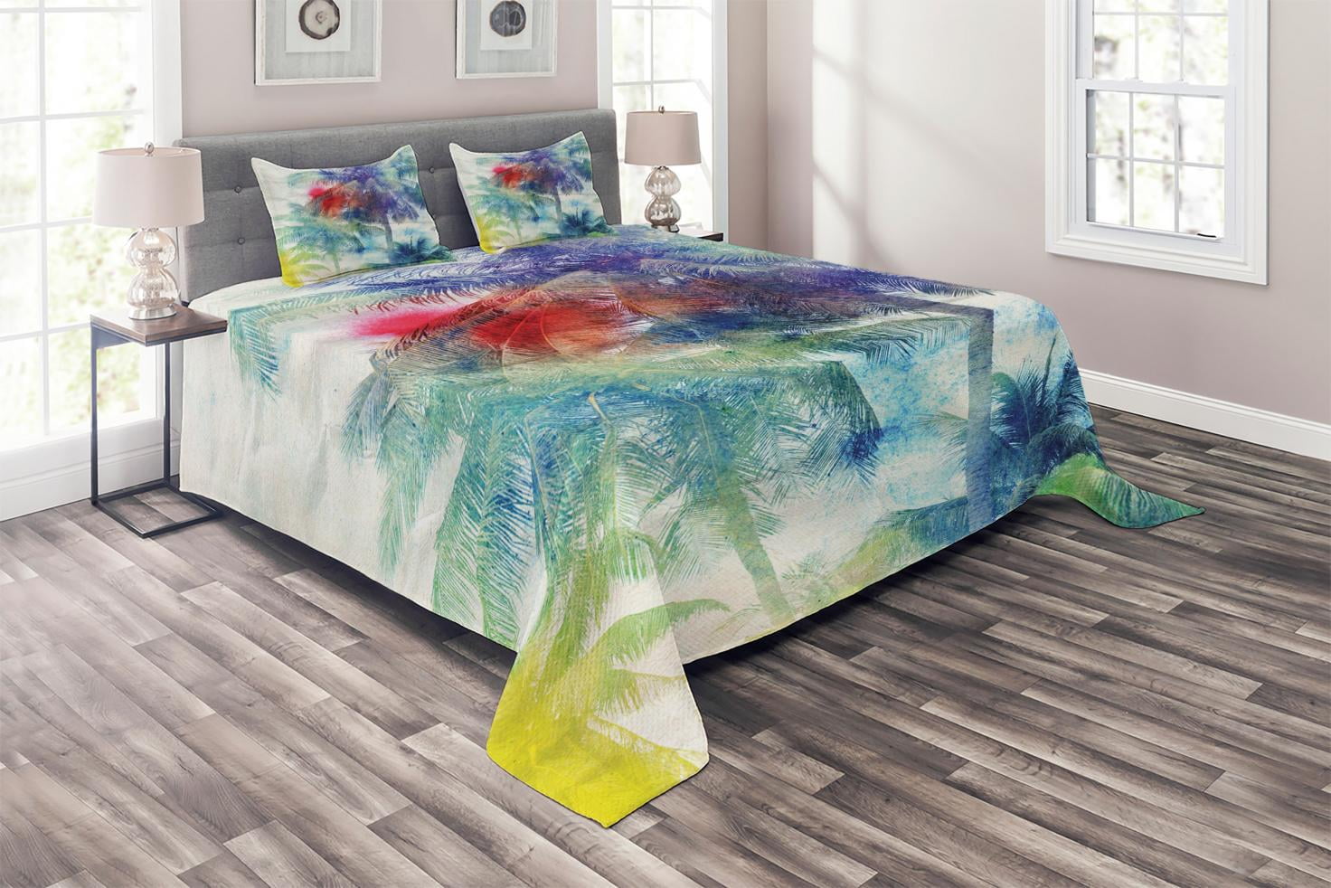 Ambesonne Tropical Quilted Coverlet 3 Pcs, Watercolor Palm Retro, Queen ...