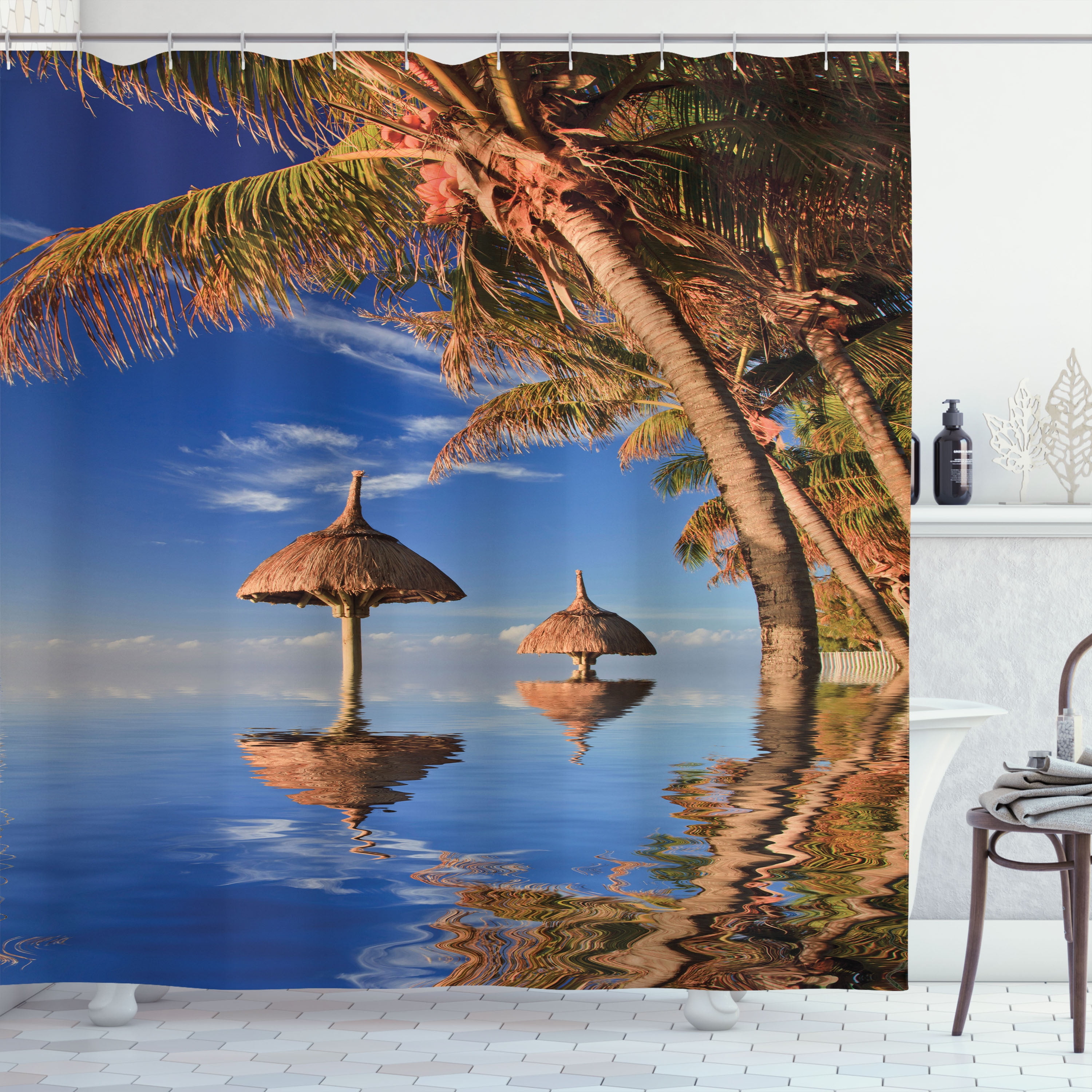 Ambesonne Tropical Shower Curtain, Palm Trees Calm Ocean, 69"Wx70"L ...