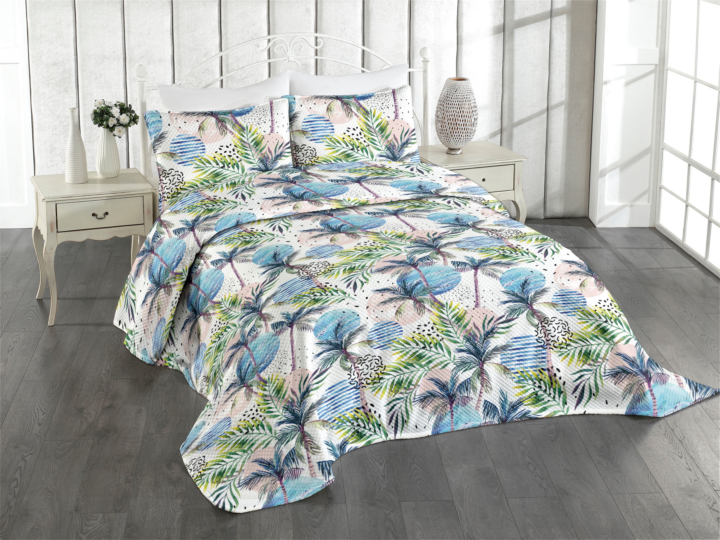 Ambesonne Tropical Themed Quilted Coverlet 2 Pcs, Retro Wave Hawaii ...