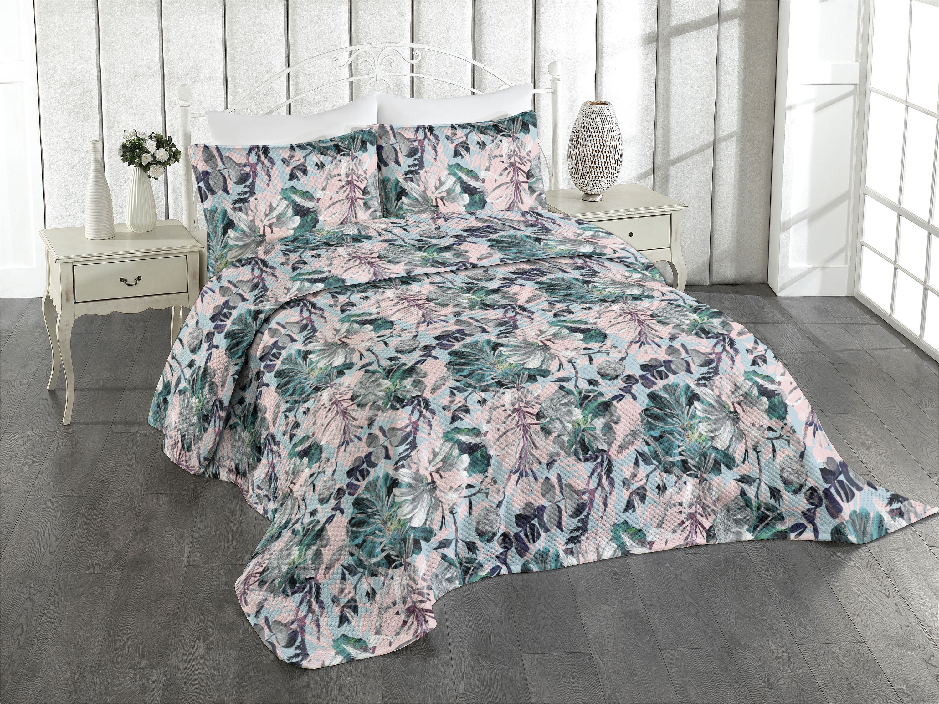 Ambesonne Tropical Vibes Quilted Coverlet 2 Pcs, Botanical Silhouette ...