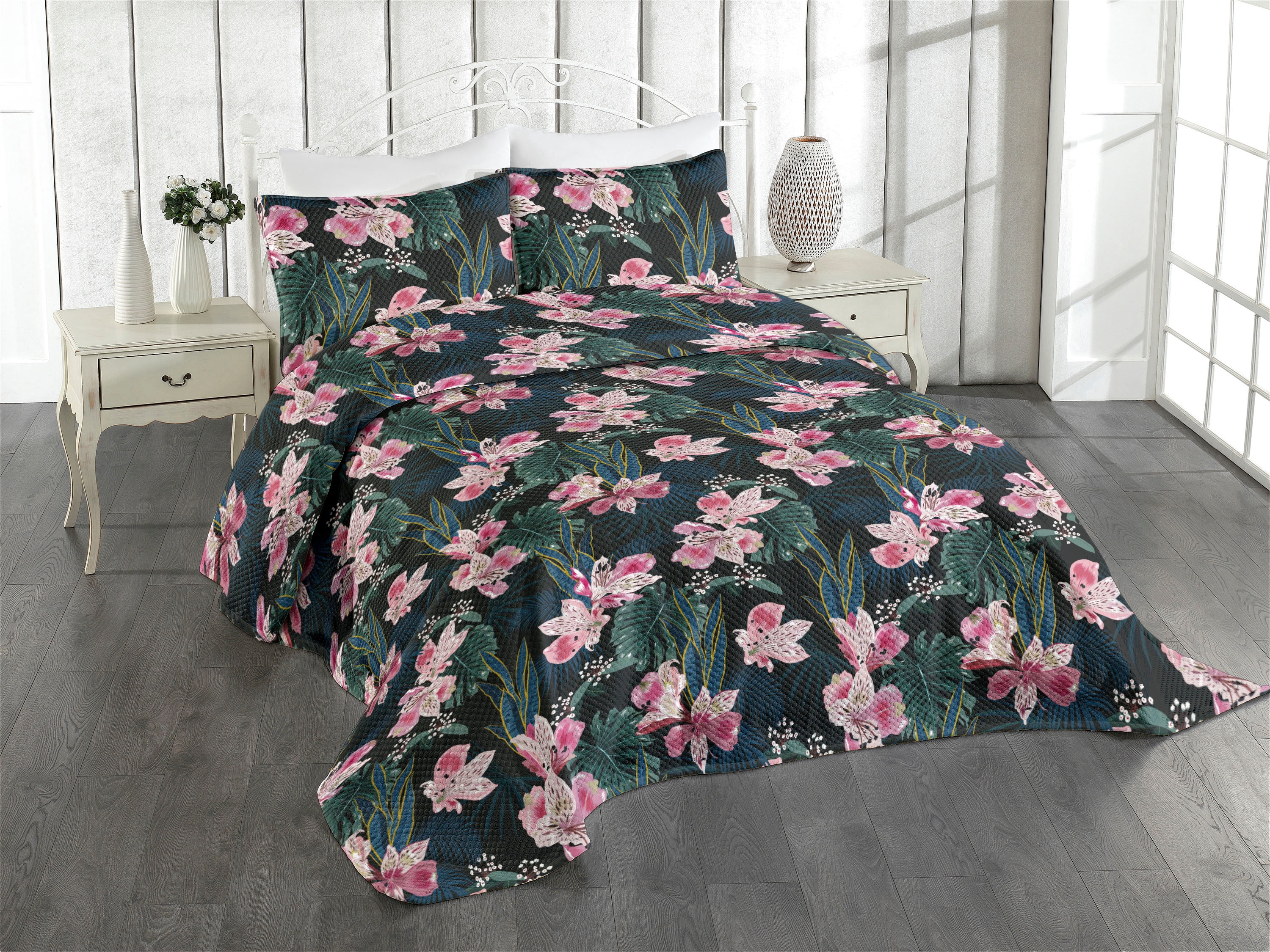 Ambesonne Tropical Vibes Quilted Coverlet 3 Pcs, Dreamy Dark Jungle ...