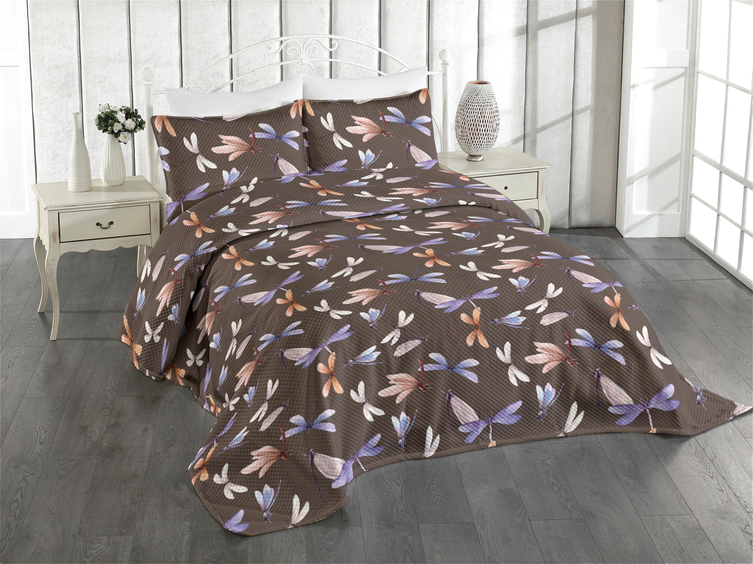 Ambesonne Tropical Vibes Quilted Coverlet 3 Pcs, Simple Dragonfly Art ...