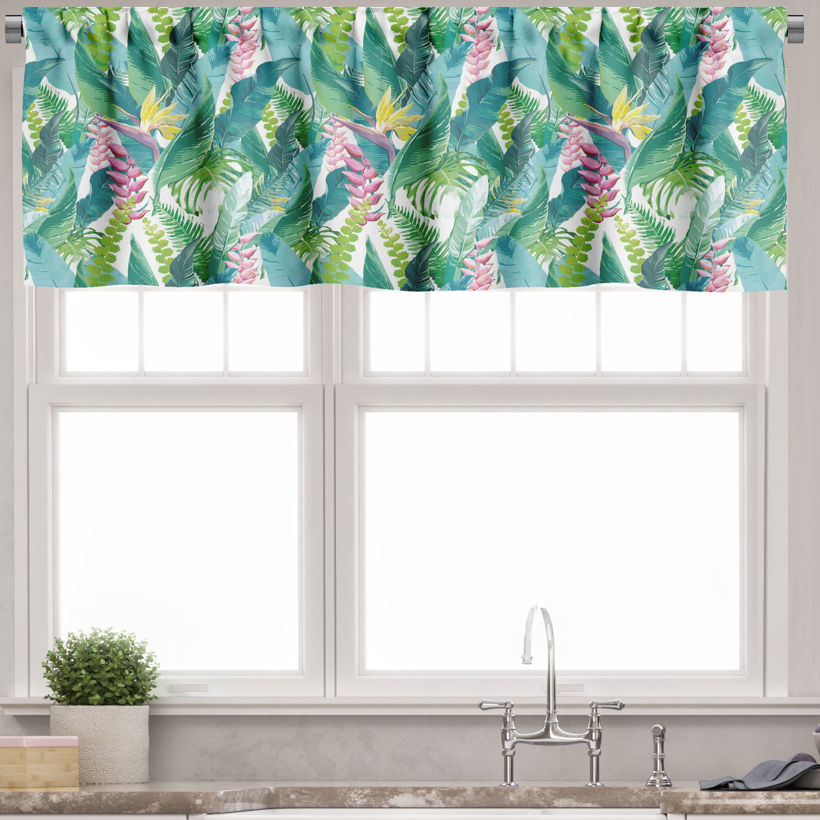 Ambesonne Tropical Window Valance, Fern and Monstera Leaves, 54" X 18 ...