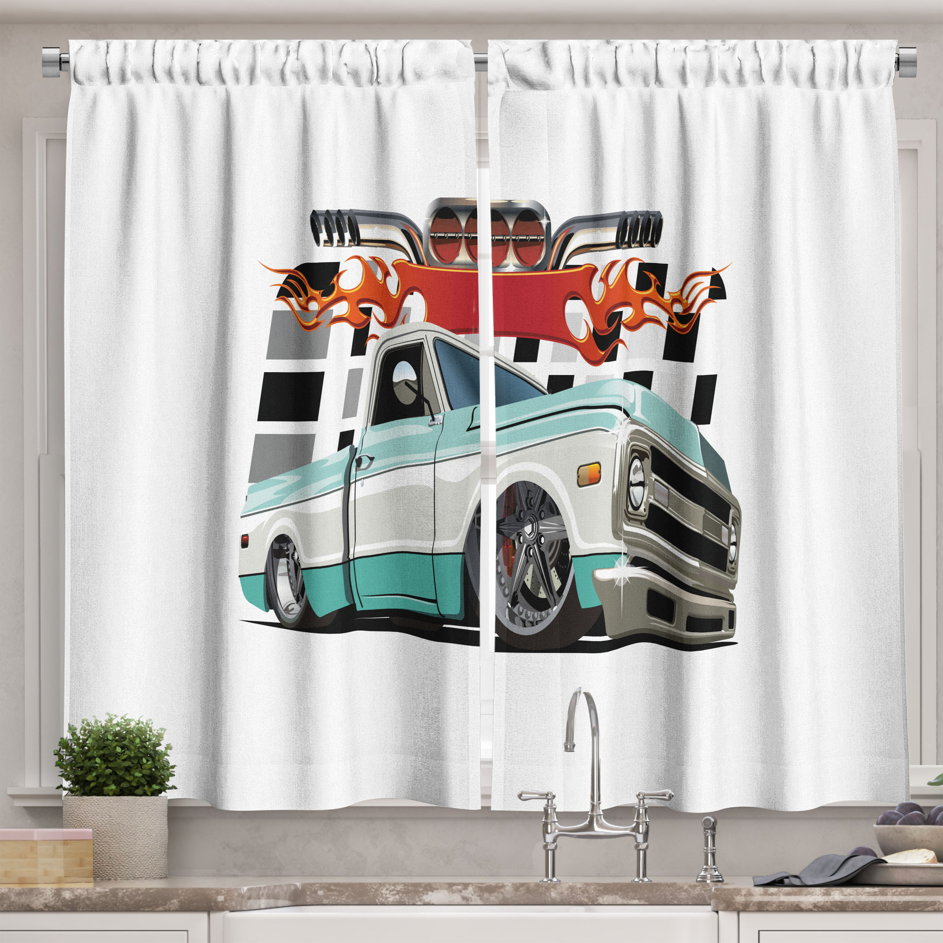 Ambesonne Truck Kitchen Curtains, Lowrider Pickup Vehicle, 55"x39 ...