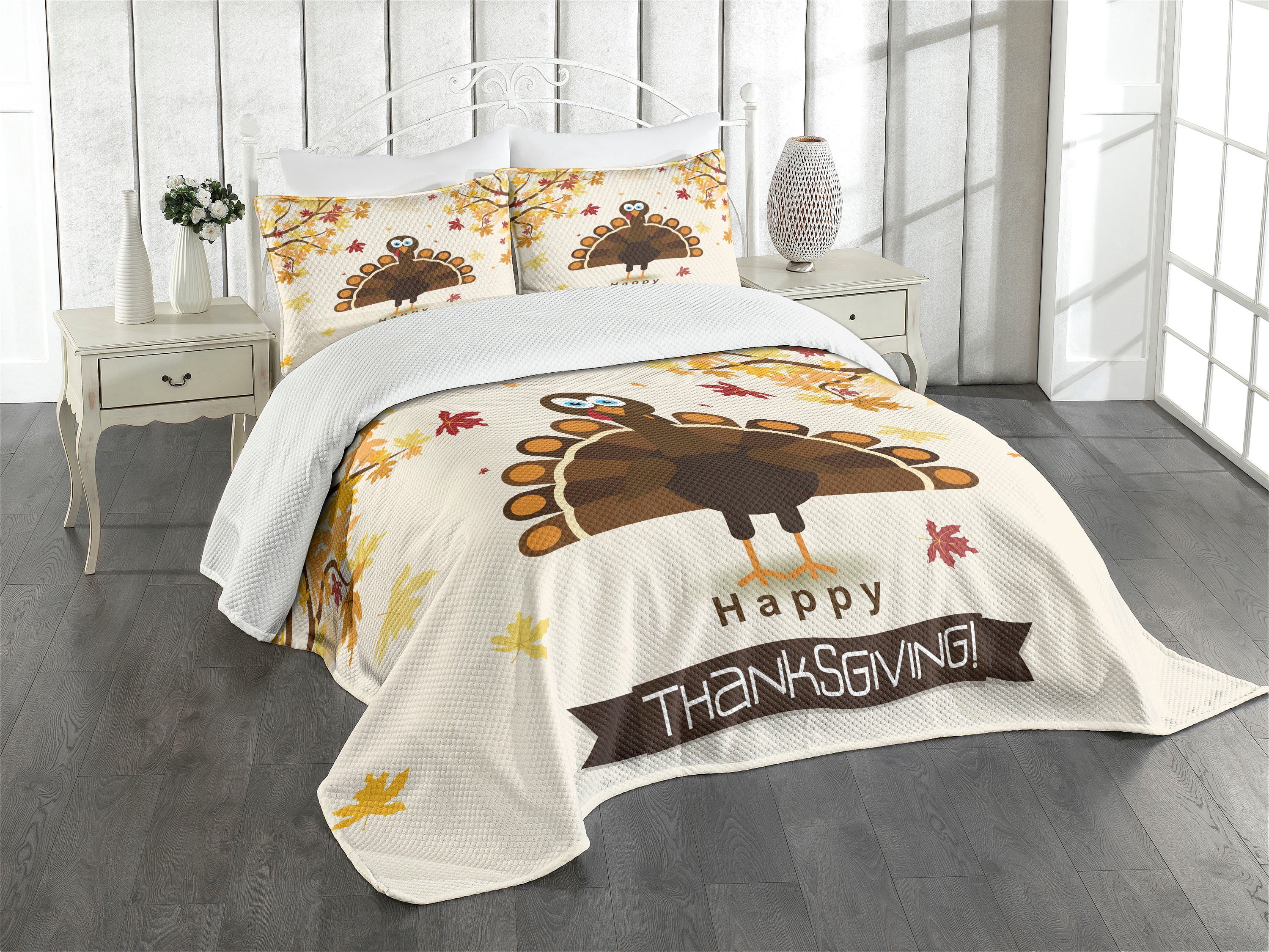Ambesonne Turkey Quilted Bedspread Set 3 Pcs, Fall Season Animal Leaf ...