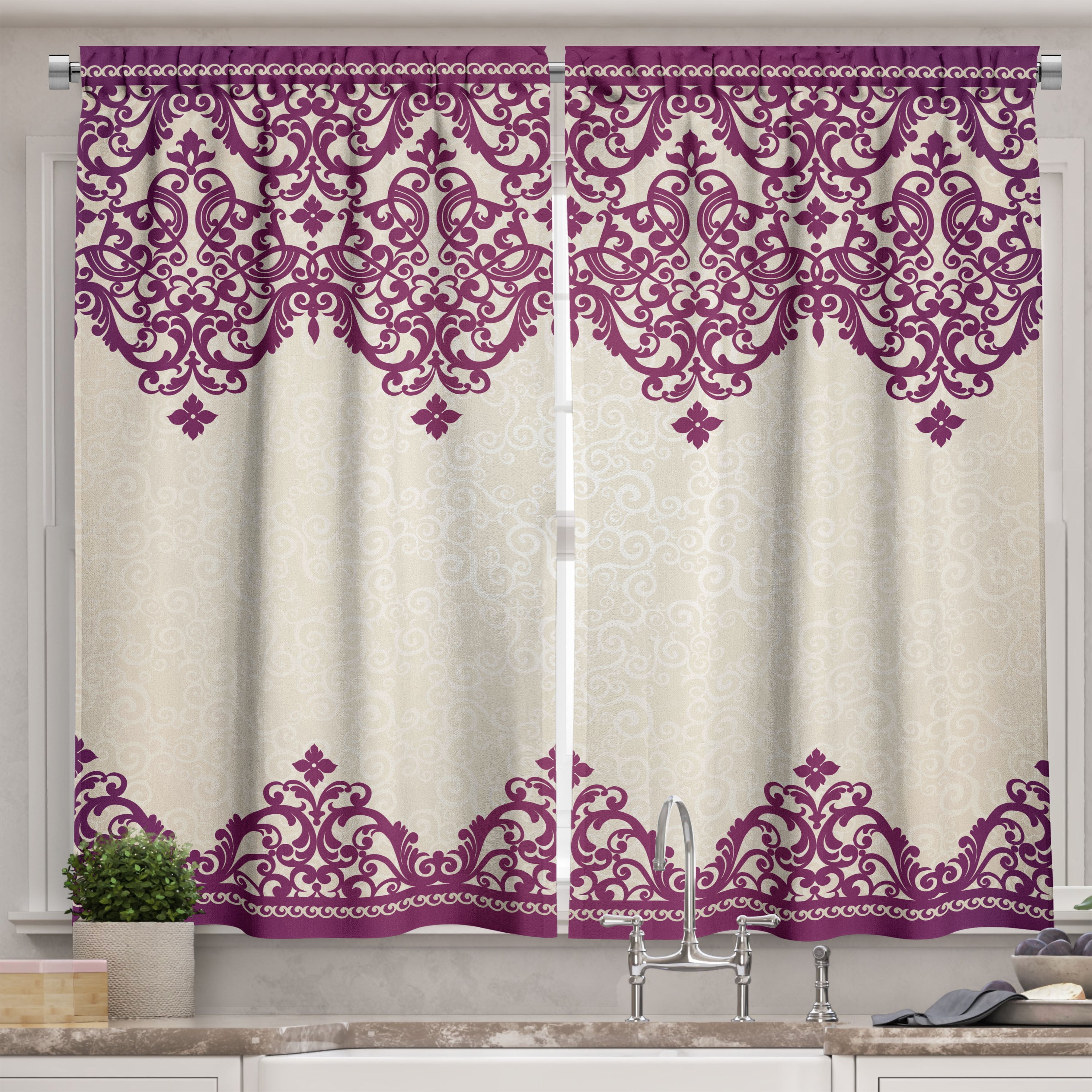 Ambesonne Turkish Pattern Kitchen Curtains, Rococo Spiral, 55"x39 ...